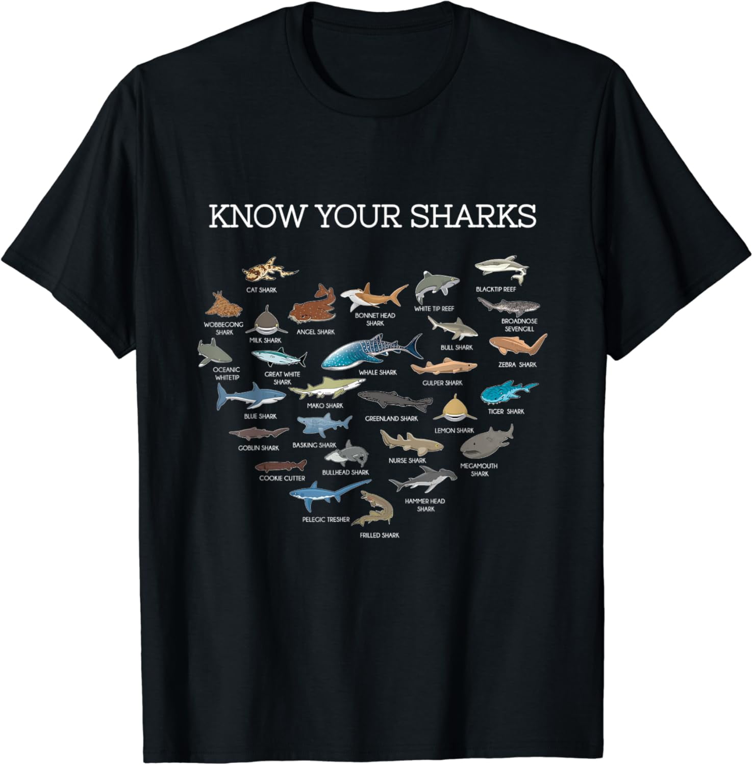 Shark Faces Types Of Sharks Gift Marine Biology Ocean Shark T-Shirt ...