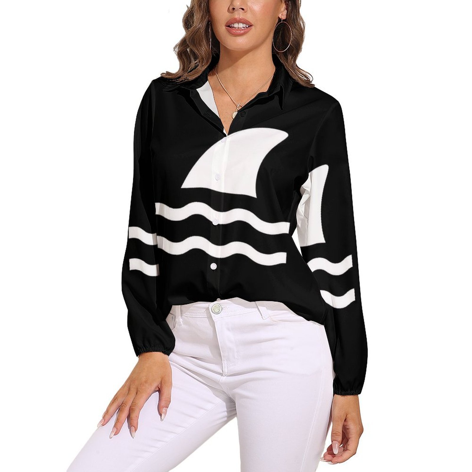 Shark Fin Wave Icon-1 Vntage Casual Long Sleeve Shirt Blouse Woman ...