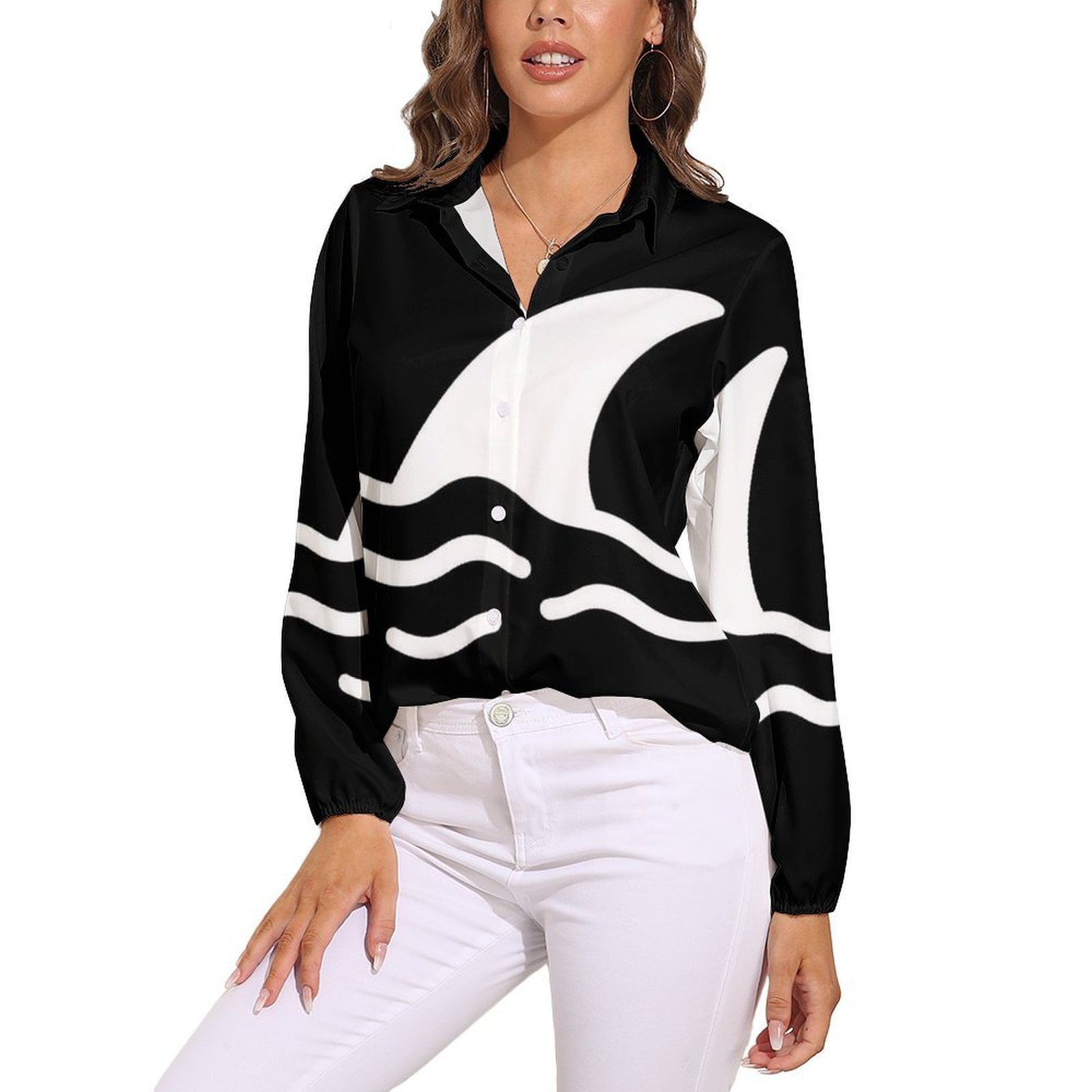 Shark Fin Wave Icon-2 Vntage Casual Long Sleeve Shirt Blouse Woman ...