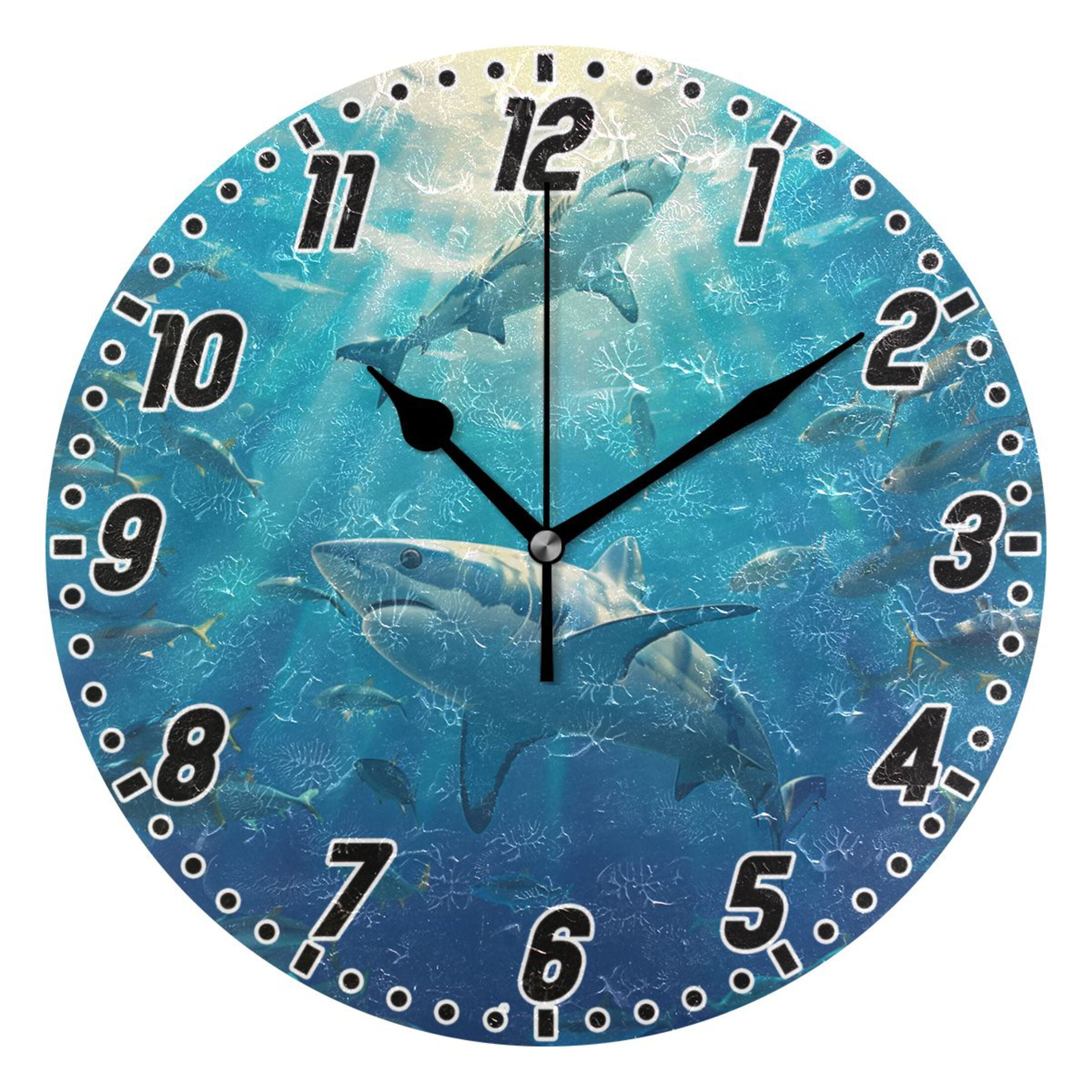 Shark Fish Swimming Round Wall Clock Battery Operated Silent Non ...