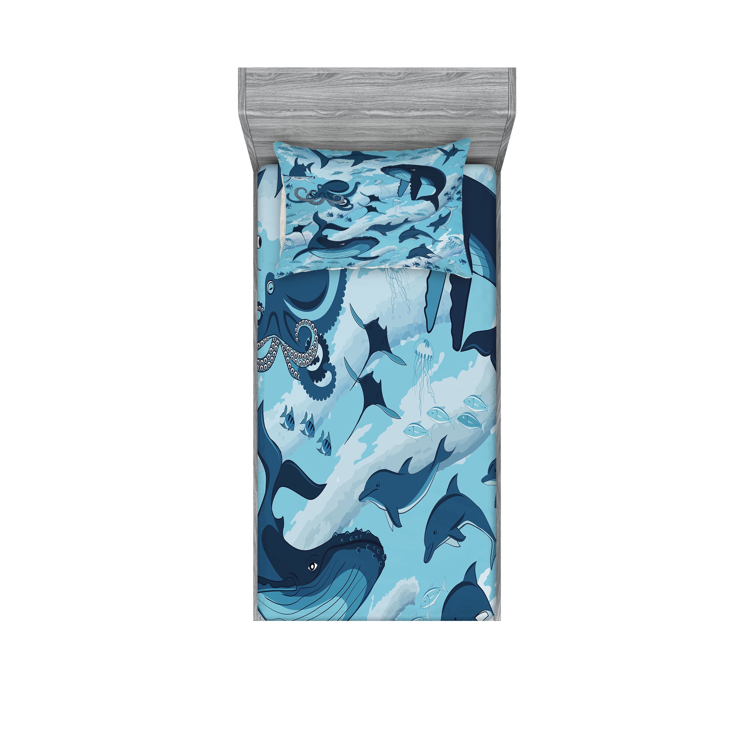 Shark Fitted Sheet & Pillow Sham Set, Inhabitants of Ocean Mammals ...