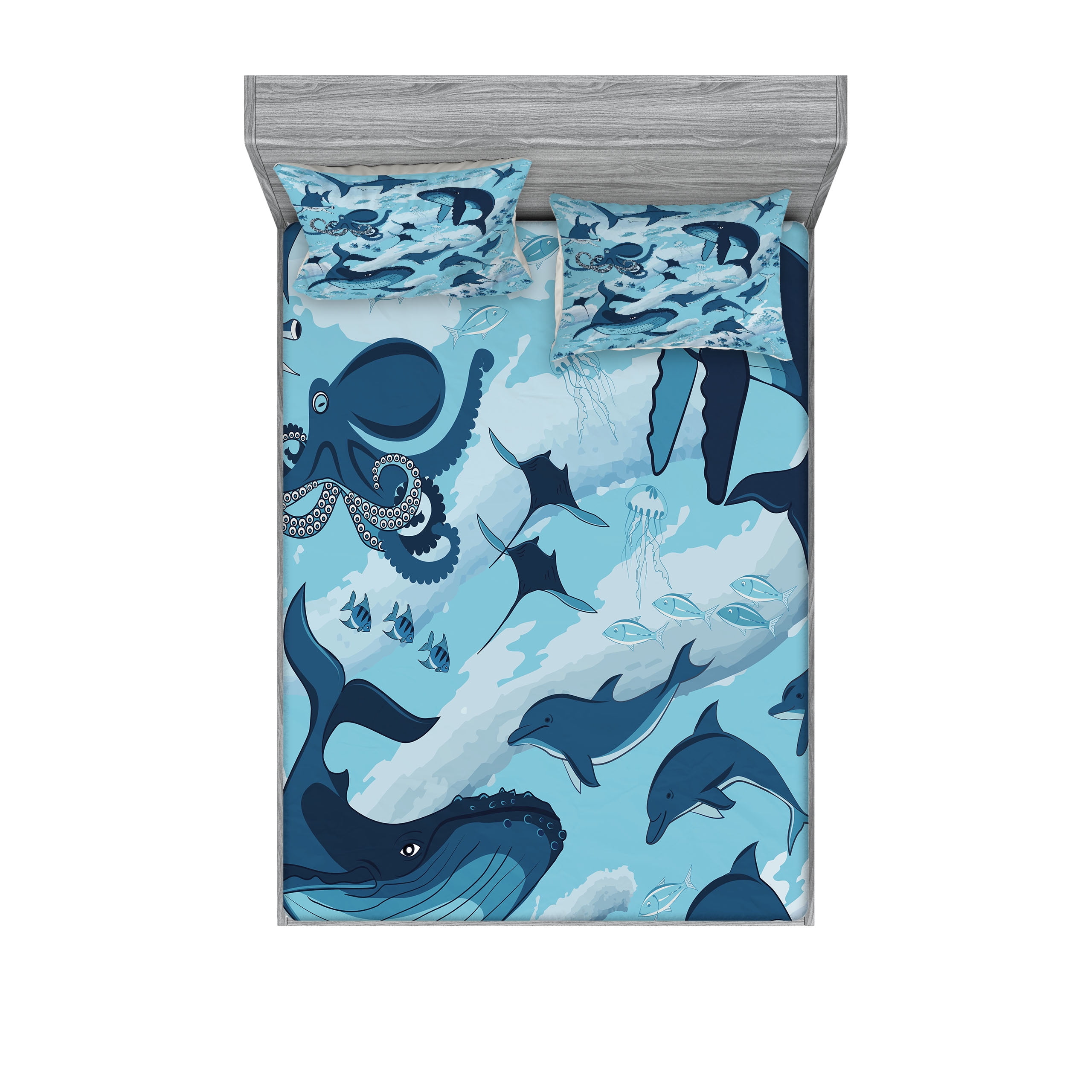 Shark Fitted Sheet & Pillow Sham Set, Inhabitants of Ocean Mammals ...