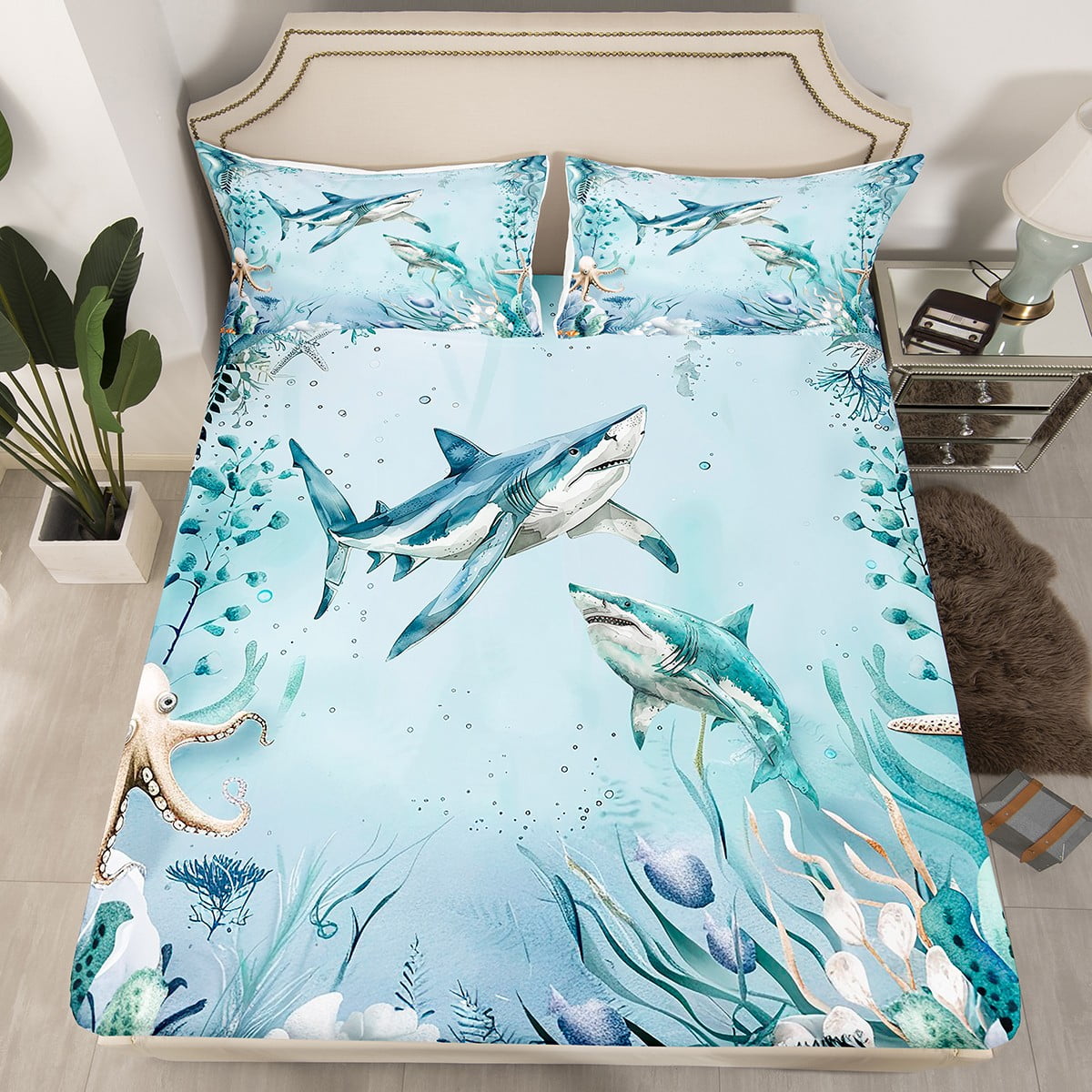 Shark Fitted Sheet Teal Blue Ocean Beach Coastal Twin Bed Sheets ...