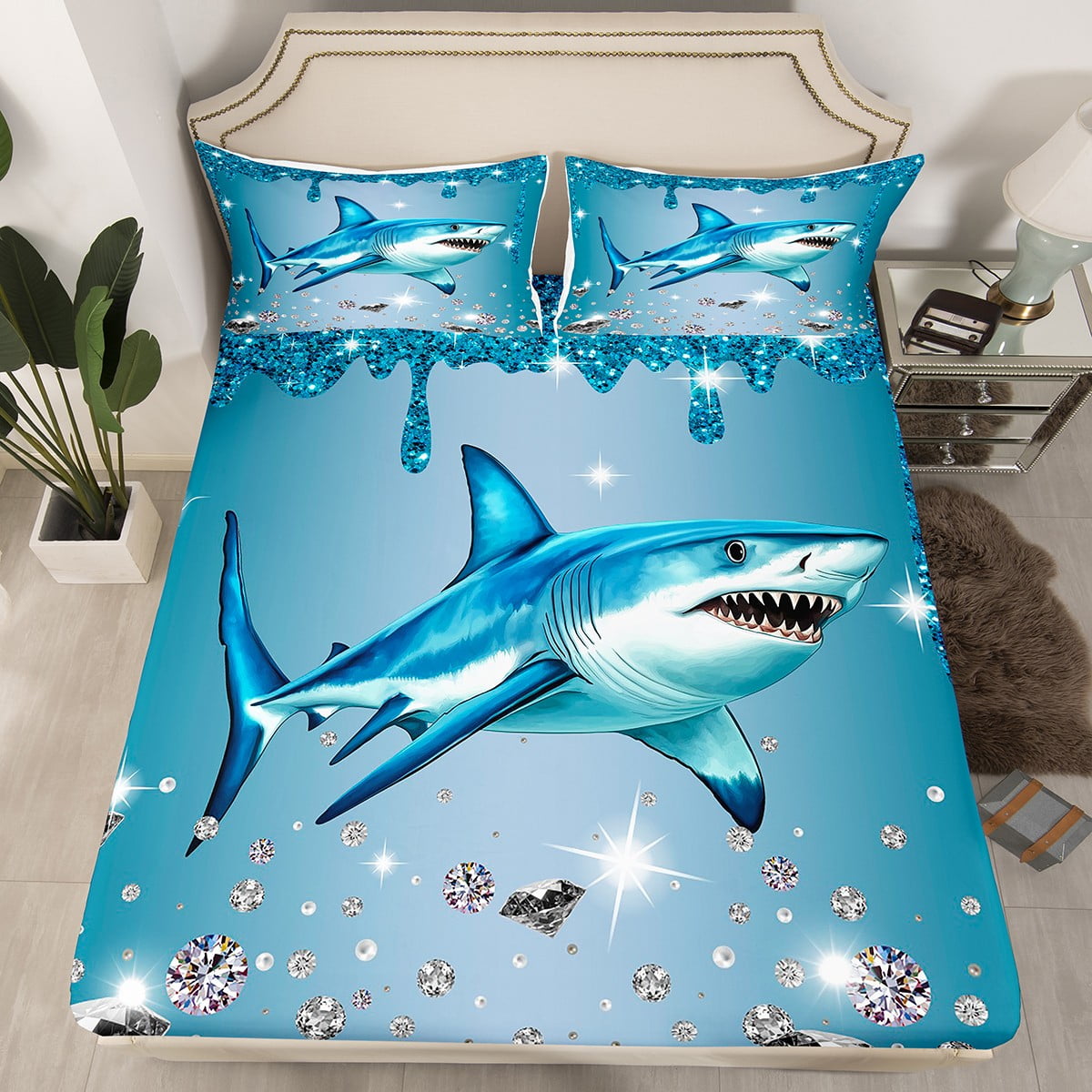Shark Fitted Sheet Blue Sequin Fluid Art Bed Sheets Full,Crystal ...