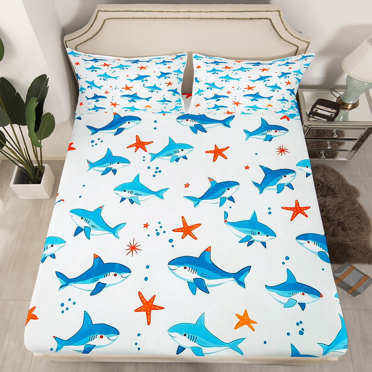 Shark Fitted Sheet Nautical Sea Animal Sheets,Cute Coastal Creature Bed ...