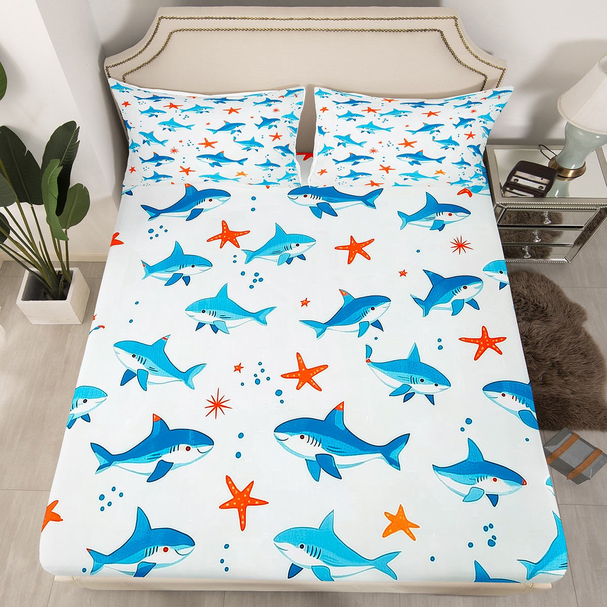 Shark Fitted Sheet Nautical Sea Animal Sheets,Cute Coastal Creature Bed ...