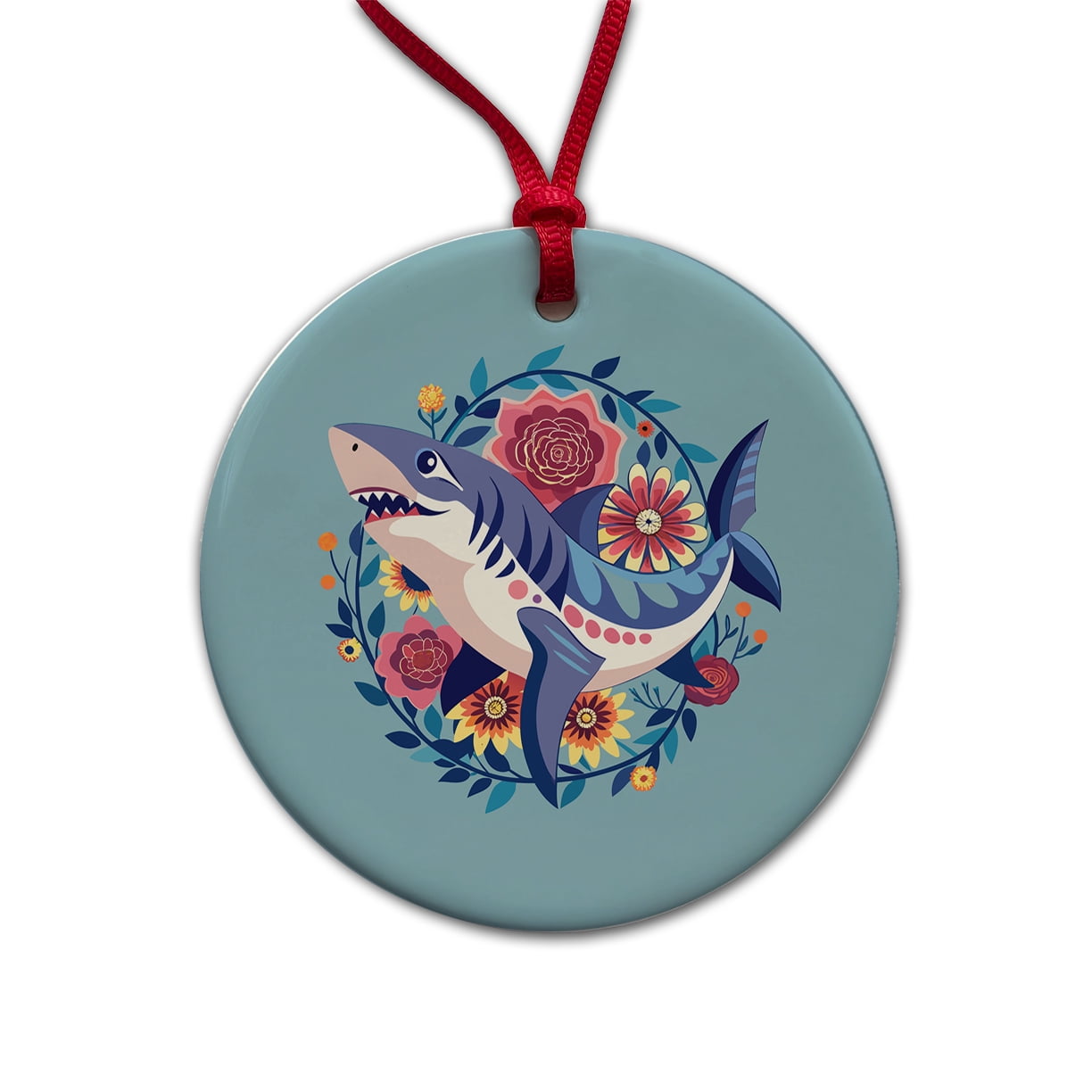 Shark Floral Flowers Christmas Tree Holiday Round Ceramic Ornament ...
