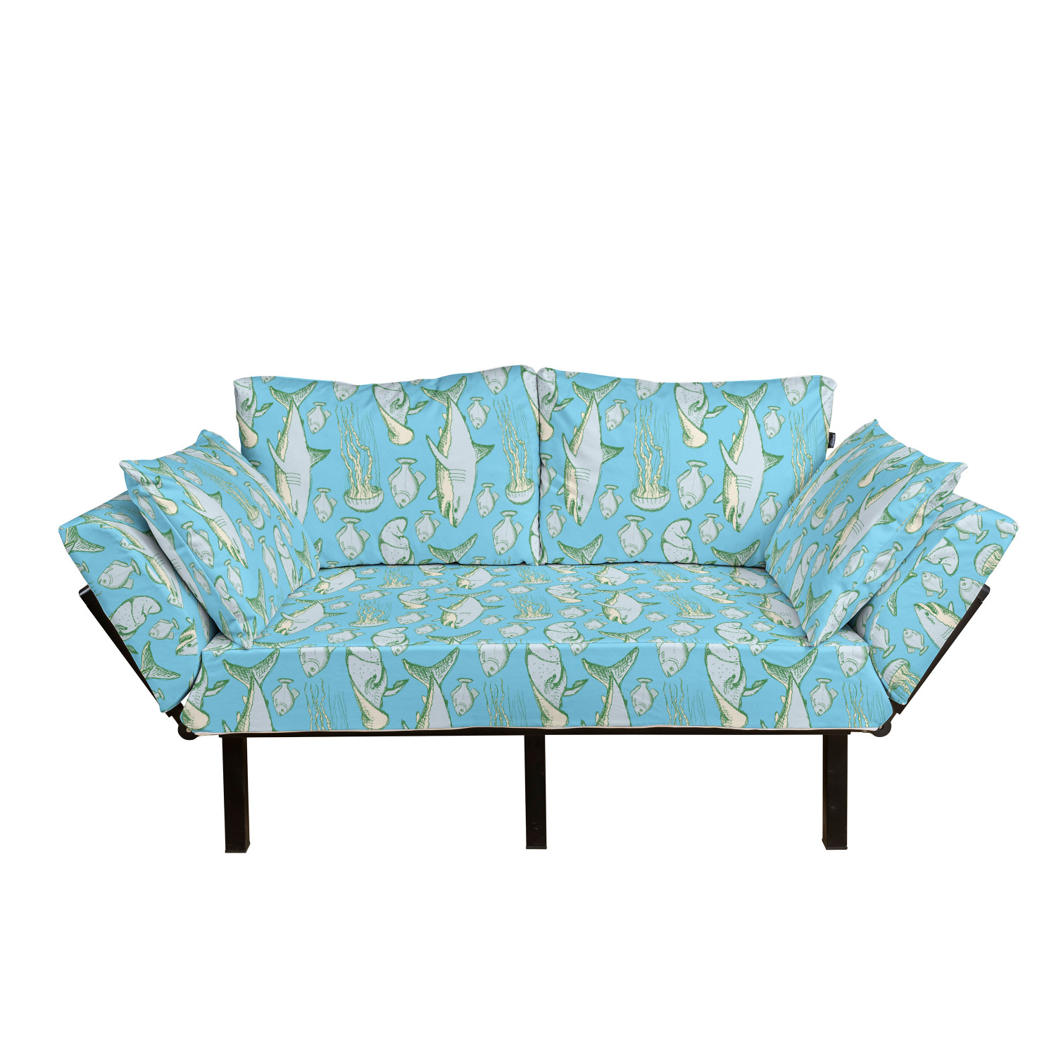 Shark Futon Couch, Sea Creatures in Vintage Style Swimming Flatfish ...