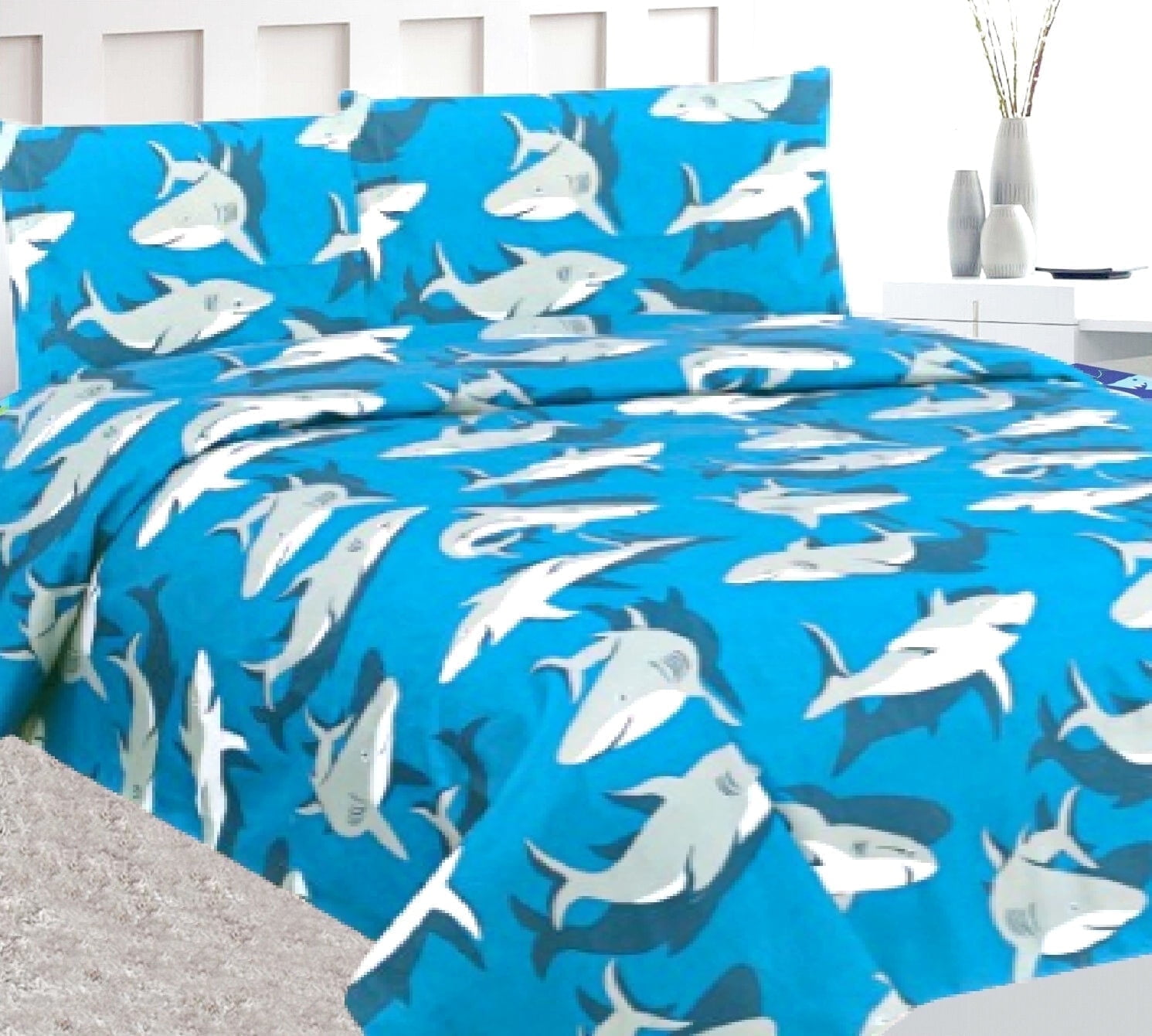 Shark Grey Full Size 4-Piece Kids Printed Microfiber Bedding Sheet Set ...