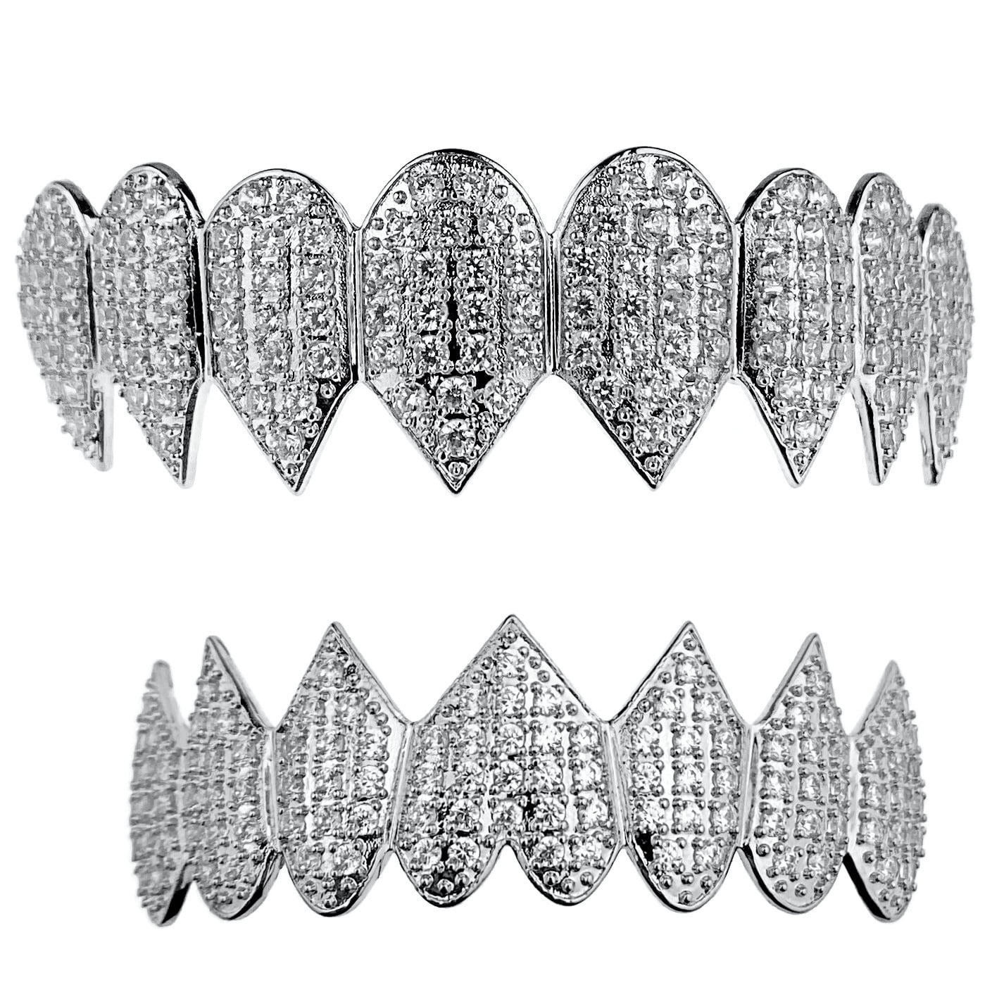 Shark Grillz 8 Top & Eight Bottom Teeth Set Silver Tone Iced Micro Pave ...