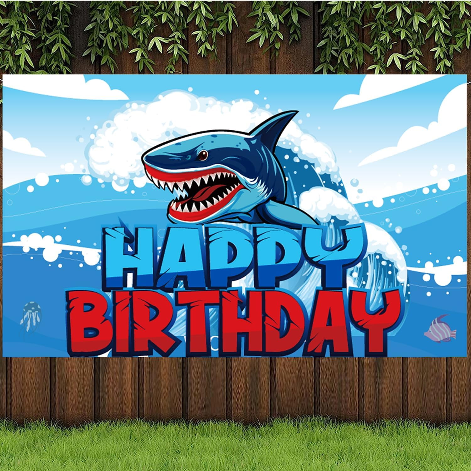 Shark Happy Birthday Backdrop Banner, Ocean Animal Happy Birthday ...