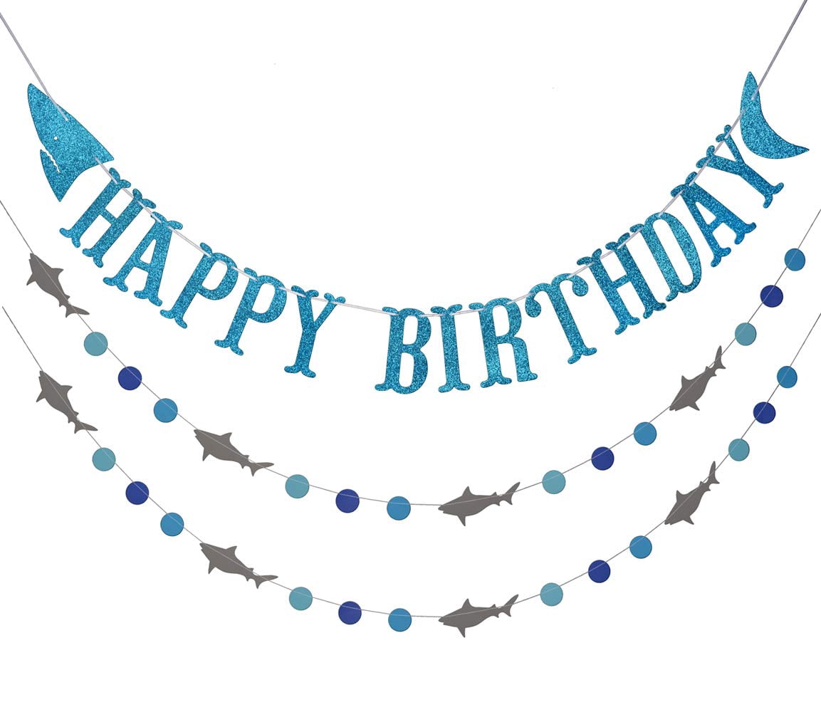 Shark Happy Birthday FEV6 Banner and Shark Garlands, Ocean Beach Under ...