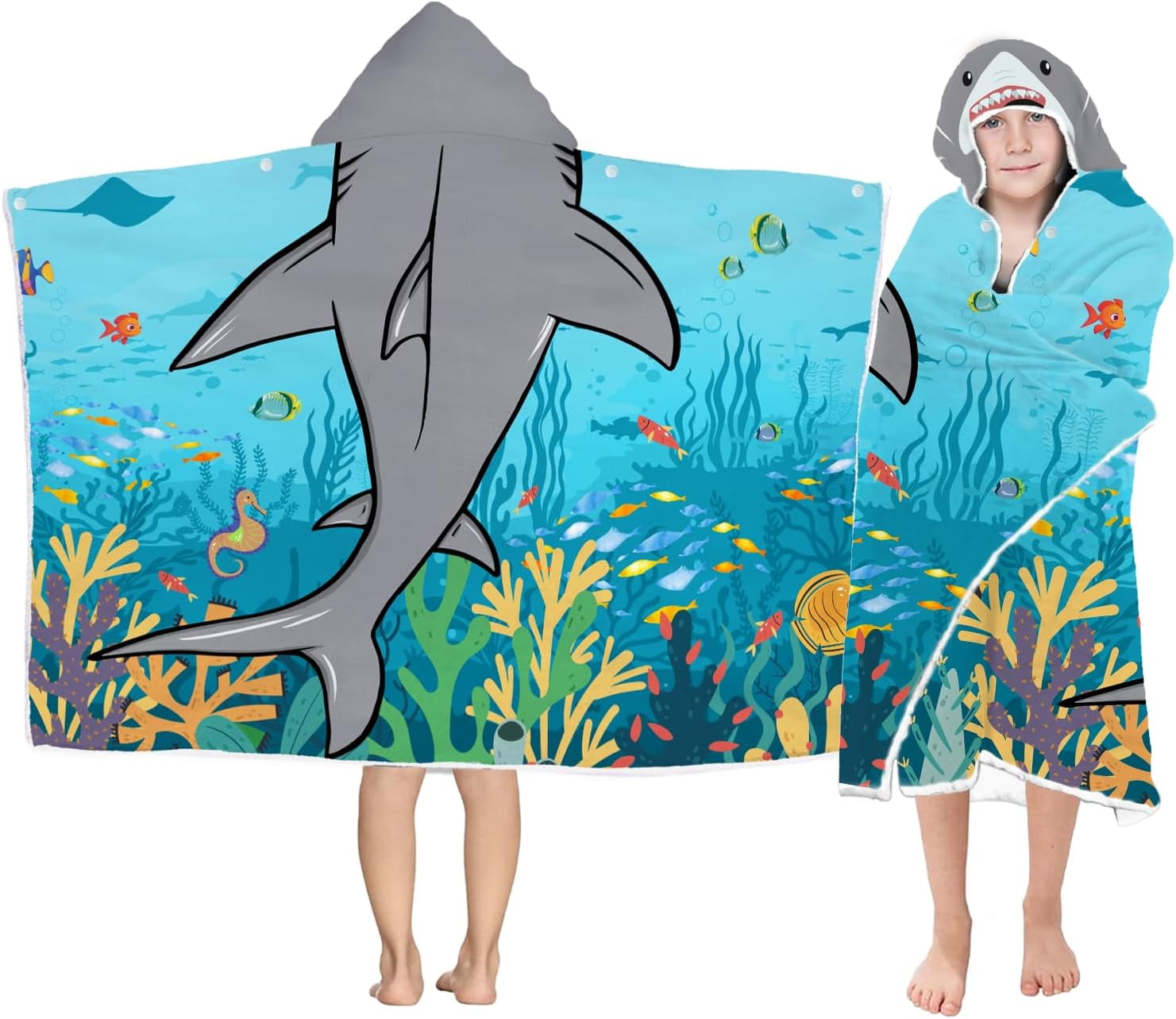 Shark Hooded Beach Towel, Mermaid Tail Kids Hooded Poncho Towel for ...