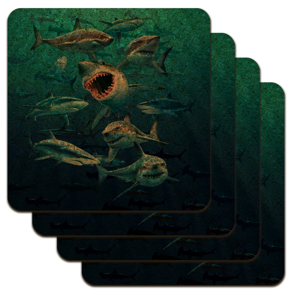 Shark Infested Waters Great White Low Profile Novelty Cork Coaster Set ...