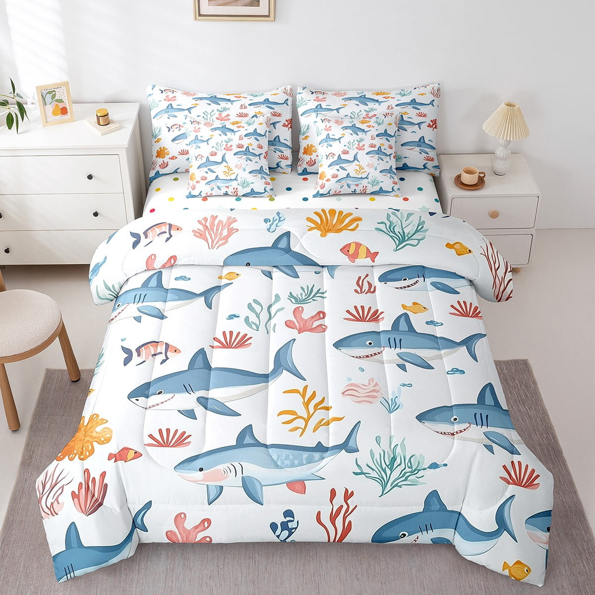 Shark King Size Bedding Sets Sea Animal Theme Bed in a Bag 7 Piece ...