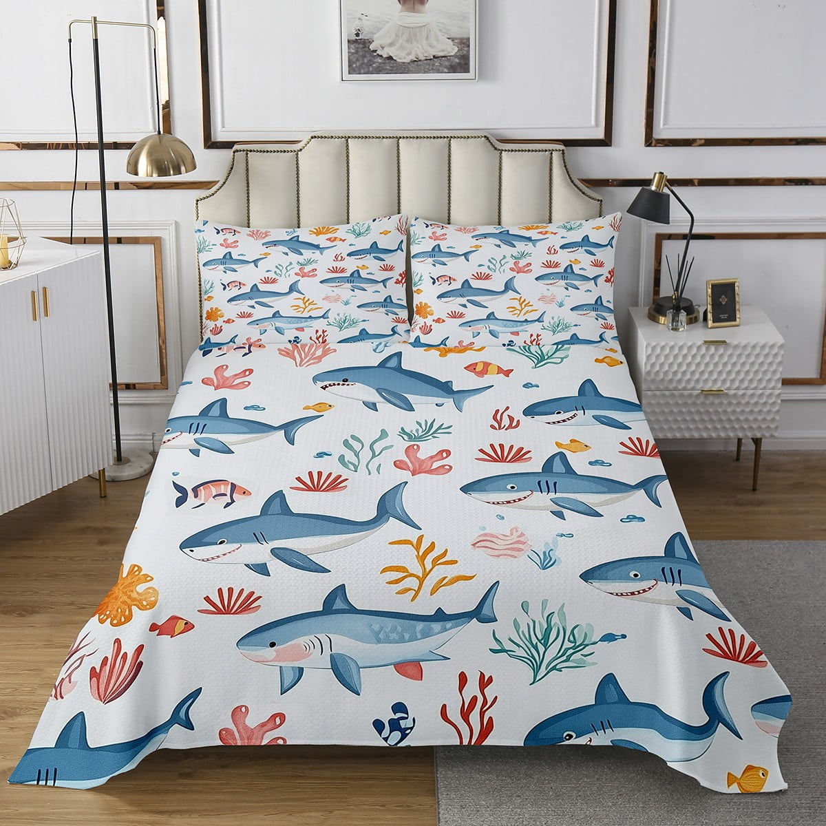 Shark King Size Bedspread Sea Animal Theme Quilt Set Ocean Themed Bed ...