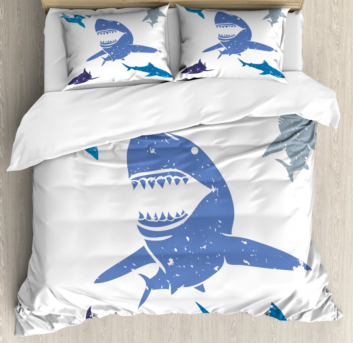Shark King Size Duvet Cover Set, Grunge Style Big and Small Sharks with ...