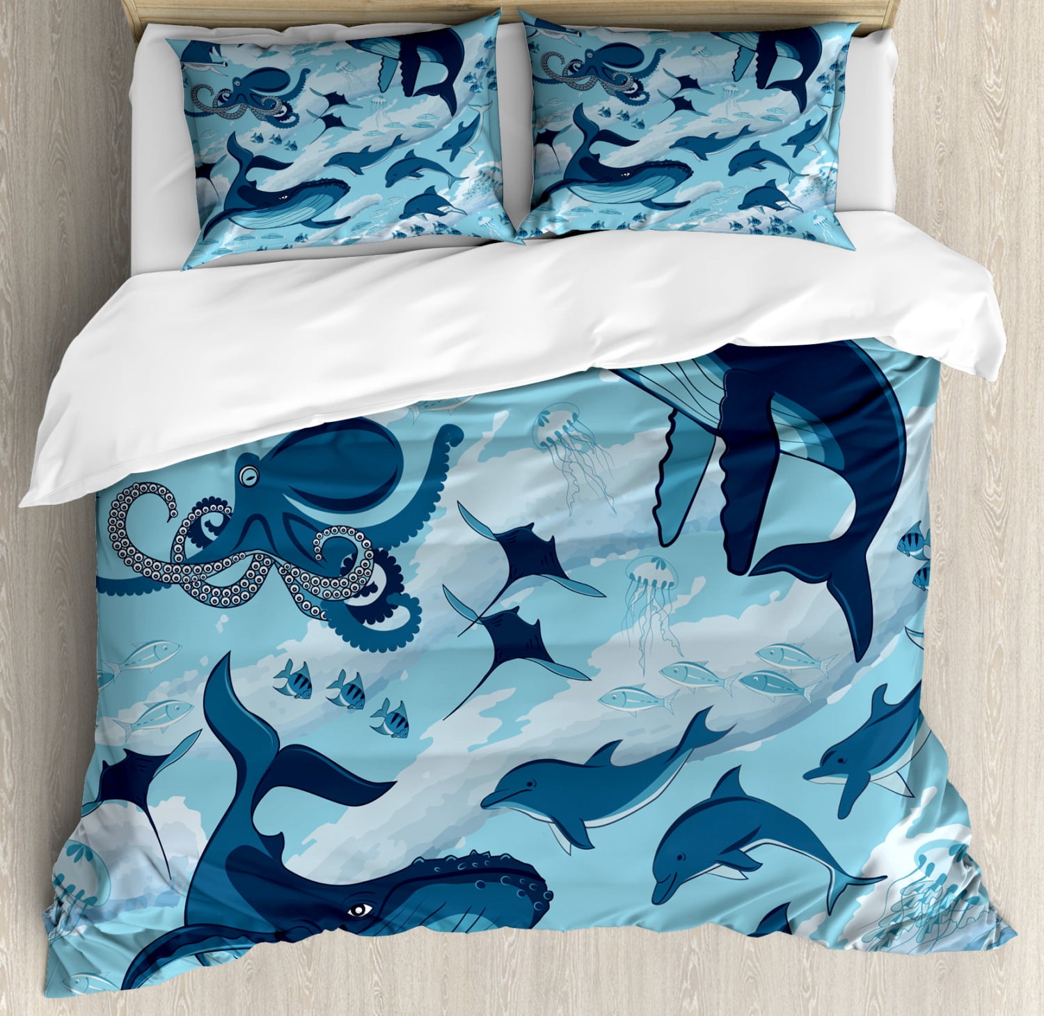 Shark King Size Duvet Cover Set, Inhabitants of Ocean Sharks Whales ...