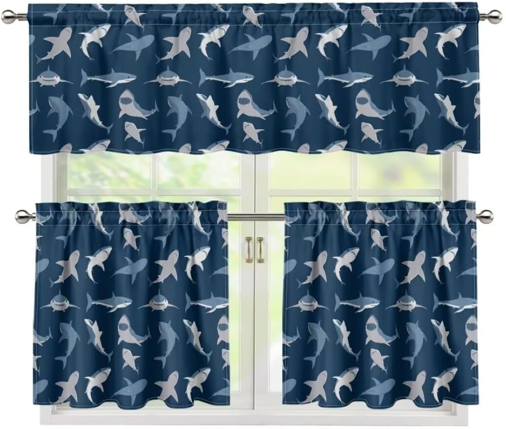 Shark Kitchen Curtain Valance and Tiers Set Farmhouse Bathroom Window ...