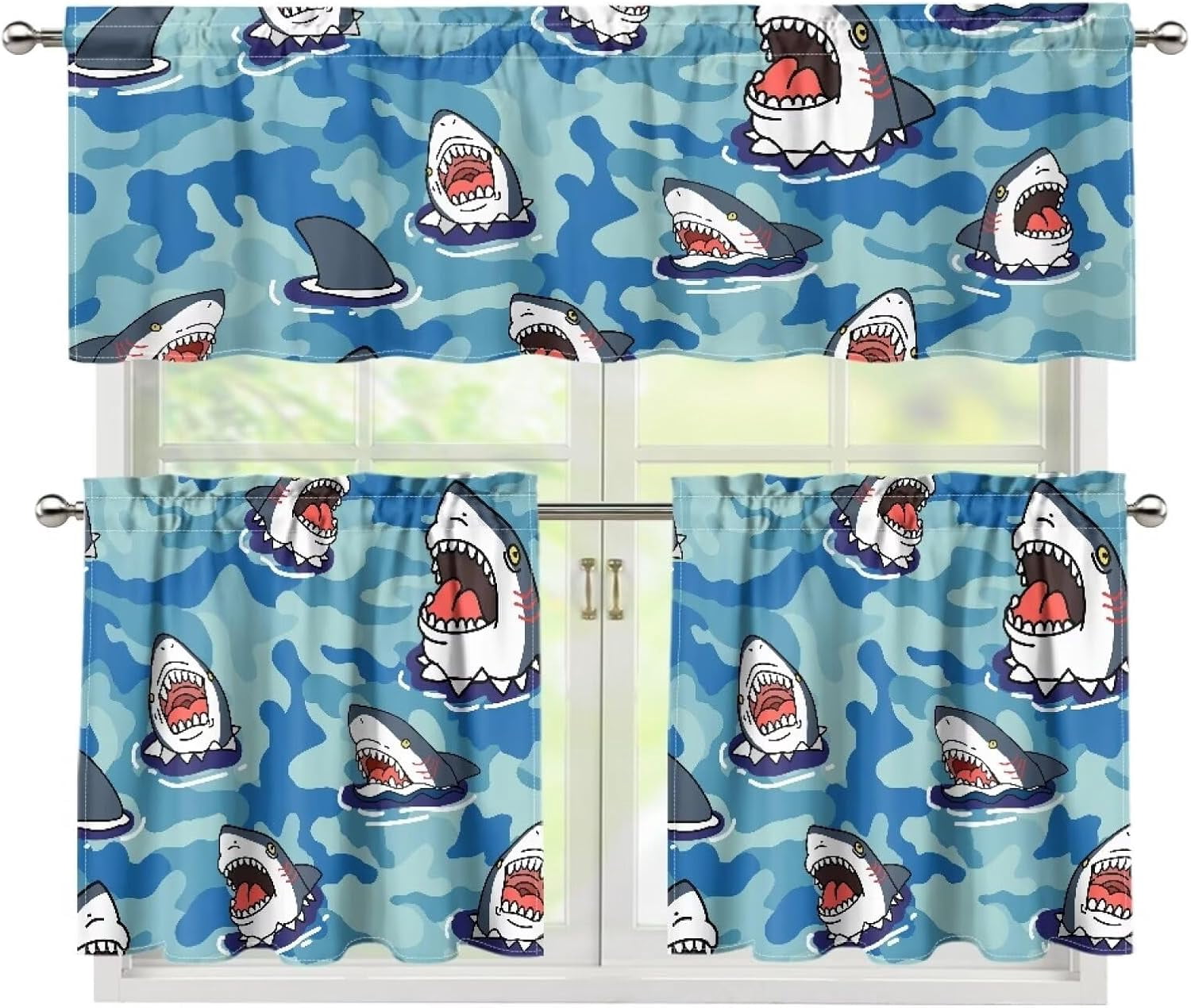 Shark Kitchen Curtains with Valance and Tier Sets, 3 Pieces Drapes ...