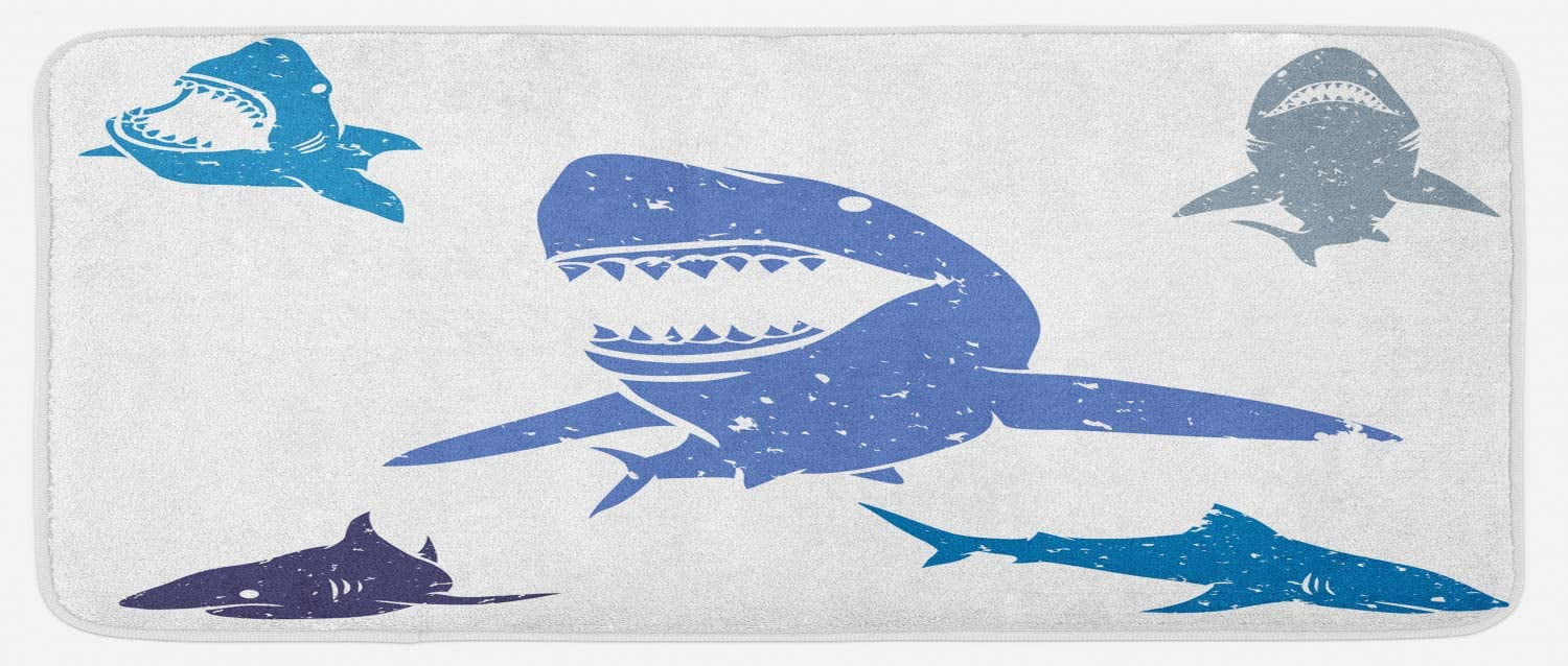 Shark Kitchen Mat, Grunge Style Big and Small Mammals Open Mouths ...