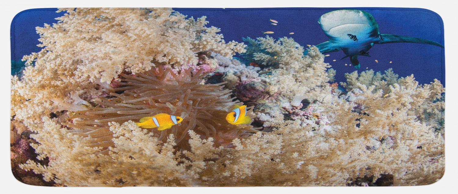 Shark Kitchen Mat, Reef with Little Clown Fish and Sharks East Egyptian ...