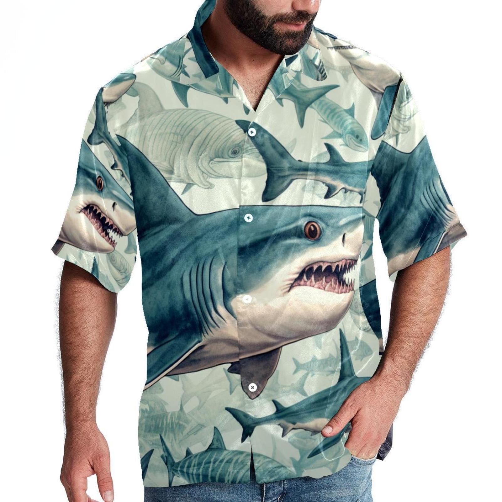 Shark Men's Short Sleeve Printed Button Down Hawaiian Beach Shirts ...