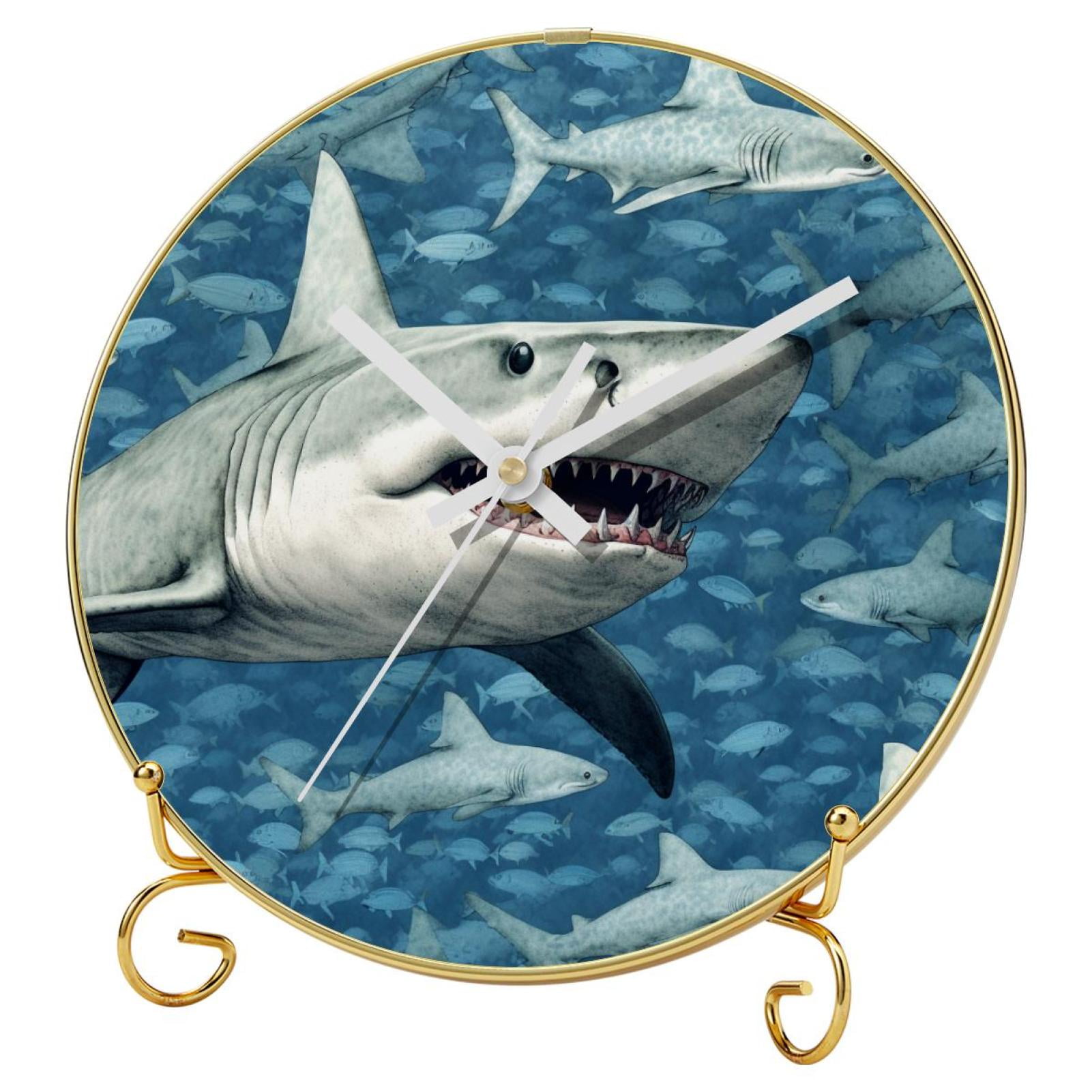 Shark Modern Round Wall Clocks with Printed Design, Hooks, and Gold ...