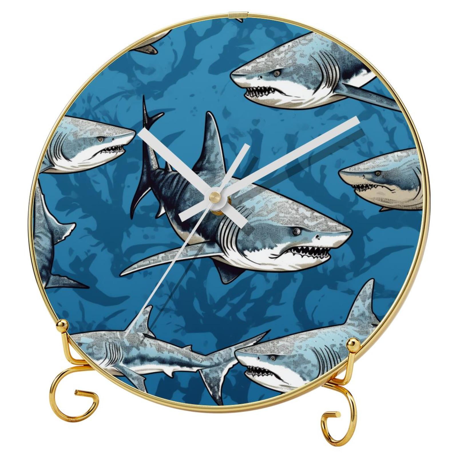 Shark Modern Round Wall Clocks with Printed Design, Hooks, and Gold ...