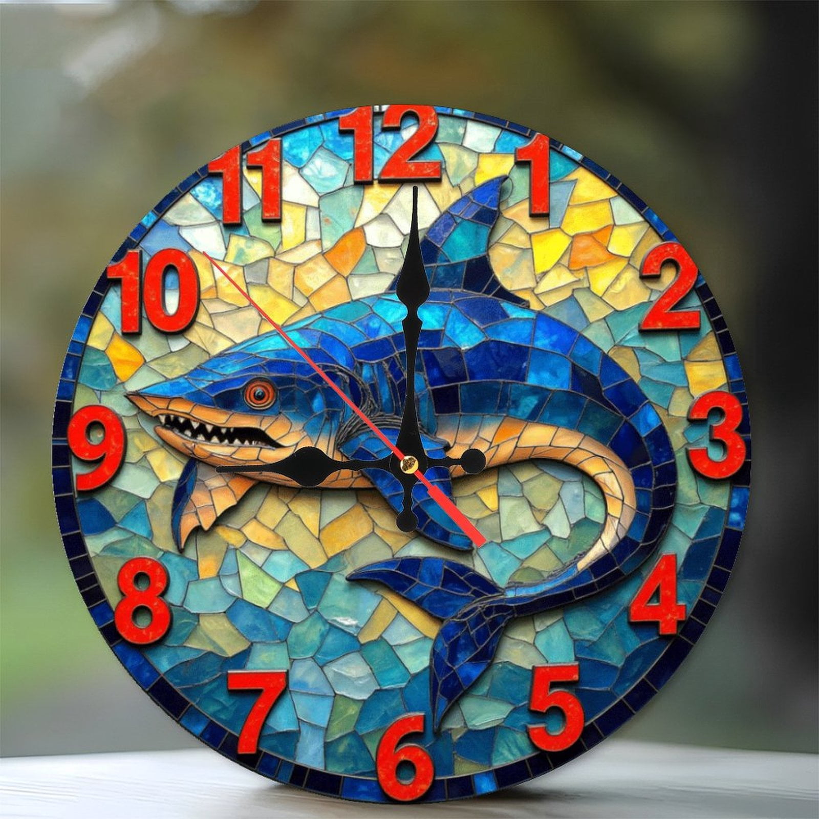 Shark Mosaic Wall Clock Art with Vibrant Colors 10-Inch Silent Wooden ...