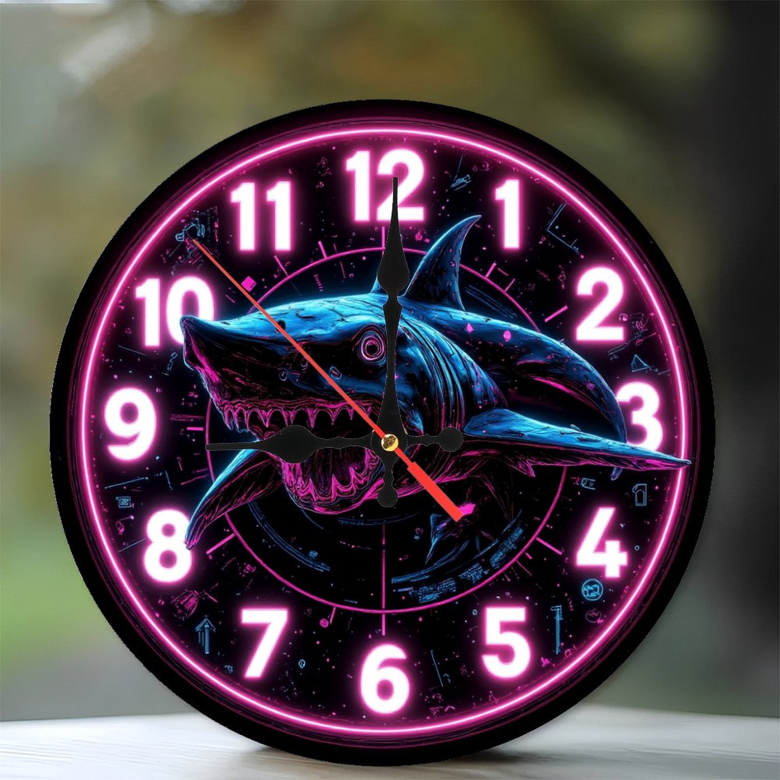 Shark Neon Wall Clock 10-Inch Silent Wooden Wall Clock, Battery ...