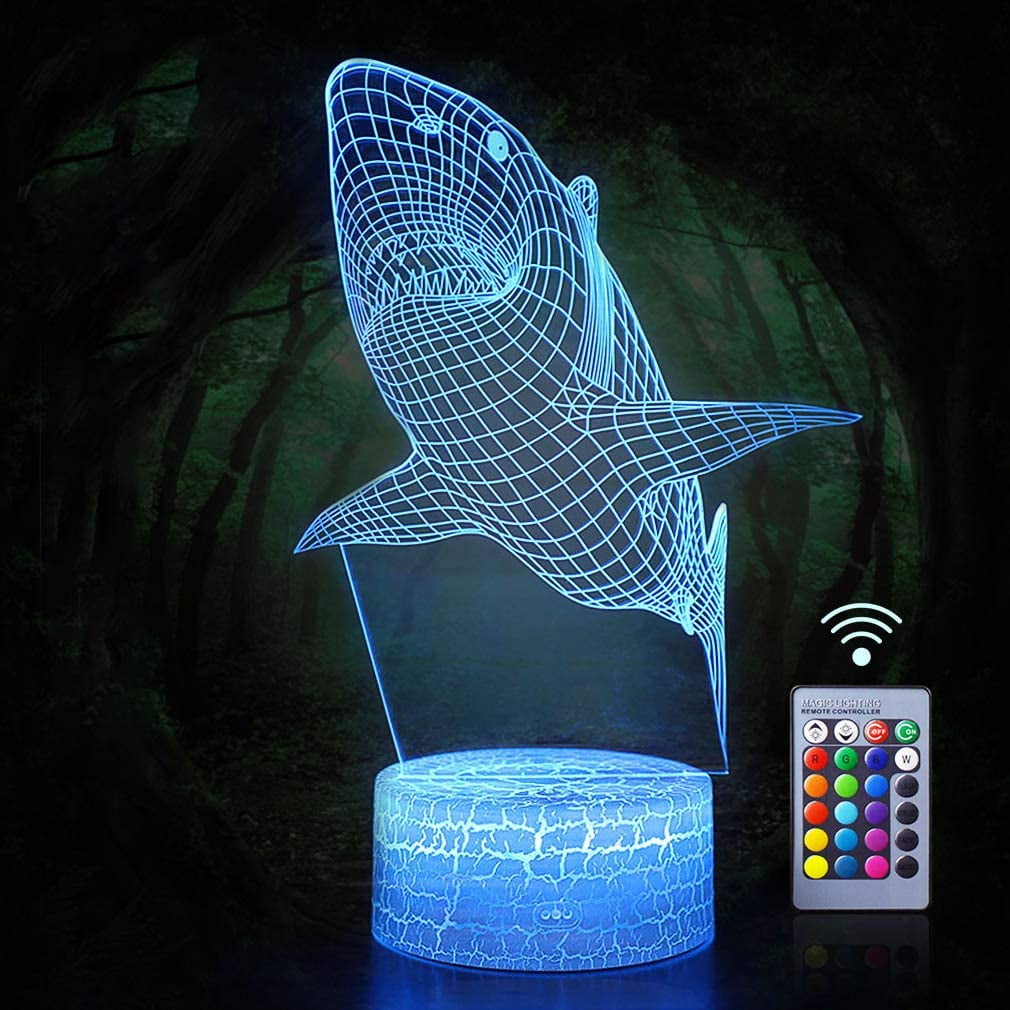 Shark Night Light 3D Effect LED Light 16 Colors Changing Remote Control ...