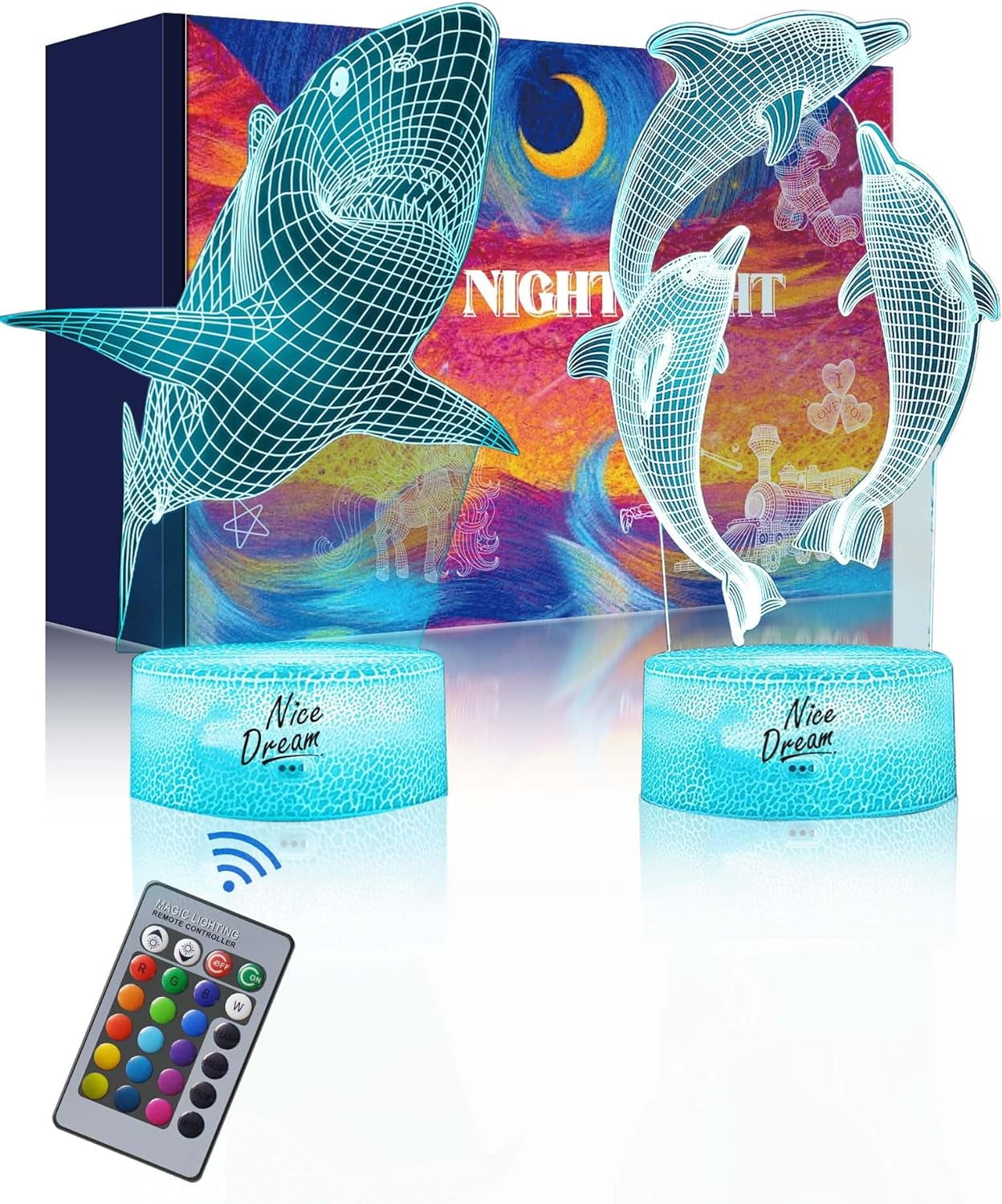 Shark Night Light and Dolphins Night Light for Kids,16 Colors Changing ...