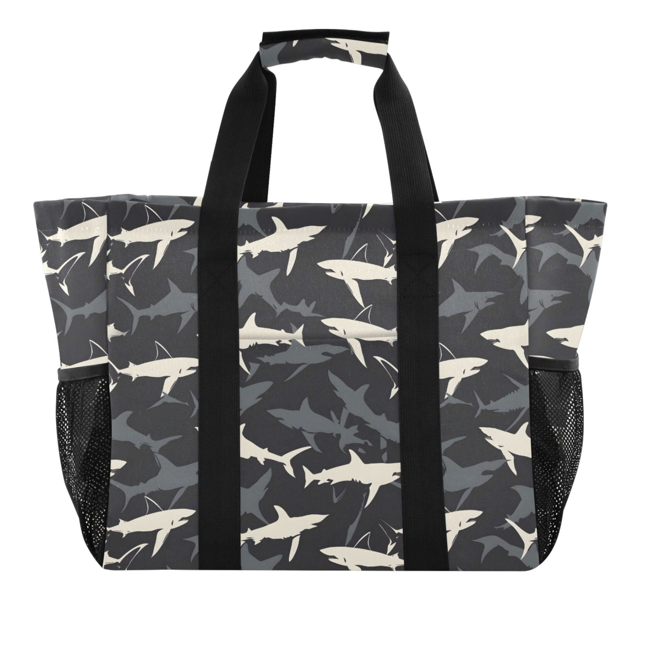 Shark Outline Reusable Grocery Bags with Handle Side Pocket Waterproof ...