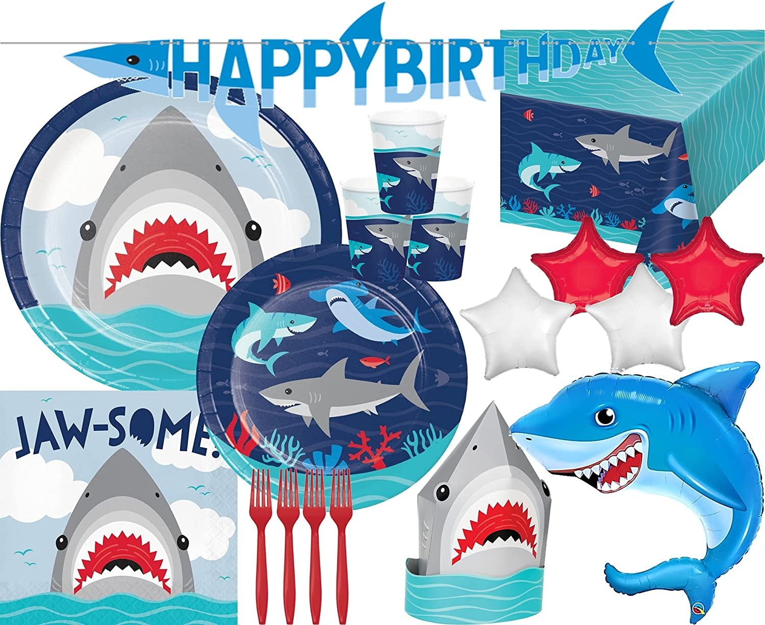 Shark Party Plates, Napkins, Cups, Table Cover, Forks, Decorations and ...