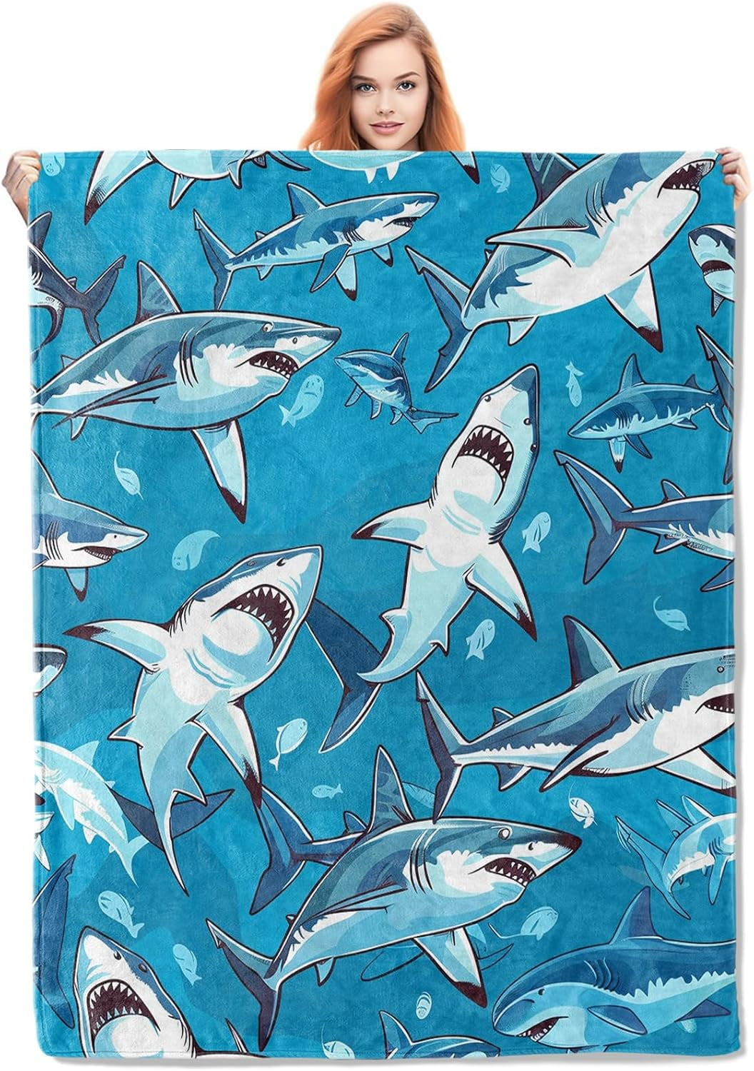 Shark Pattern Blanket, Ocean-Themed Fleece Throw with Cartoon Sharks ...