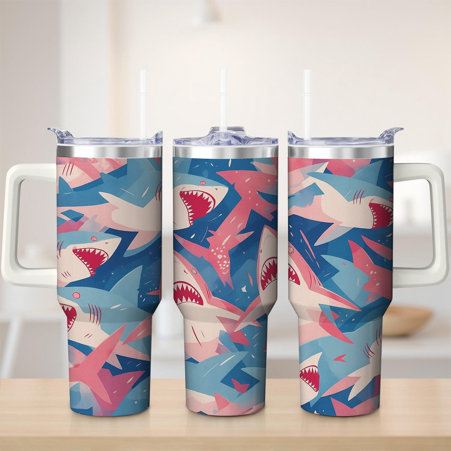 Shark Pattern Stainless Steel Insulated Mug with Lid and Handle, 40oz ...