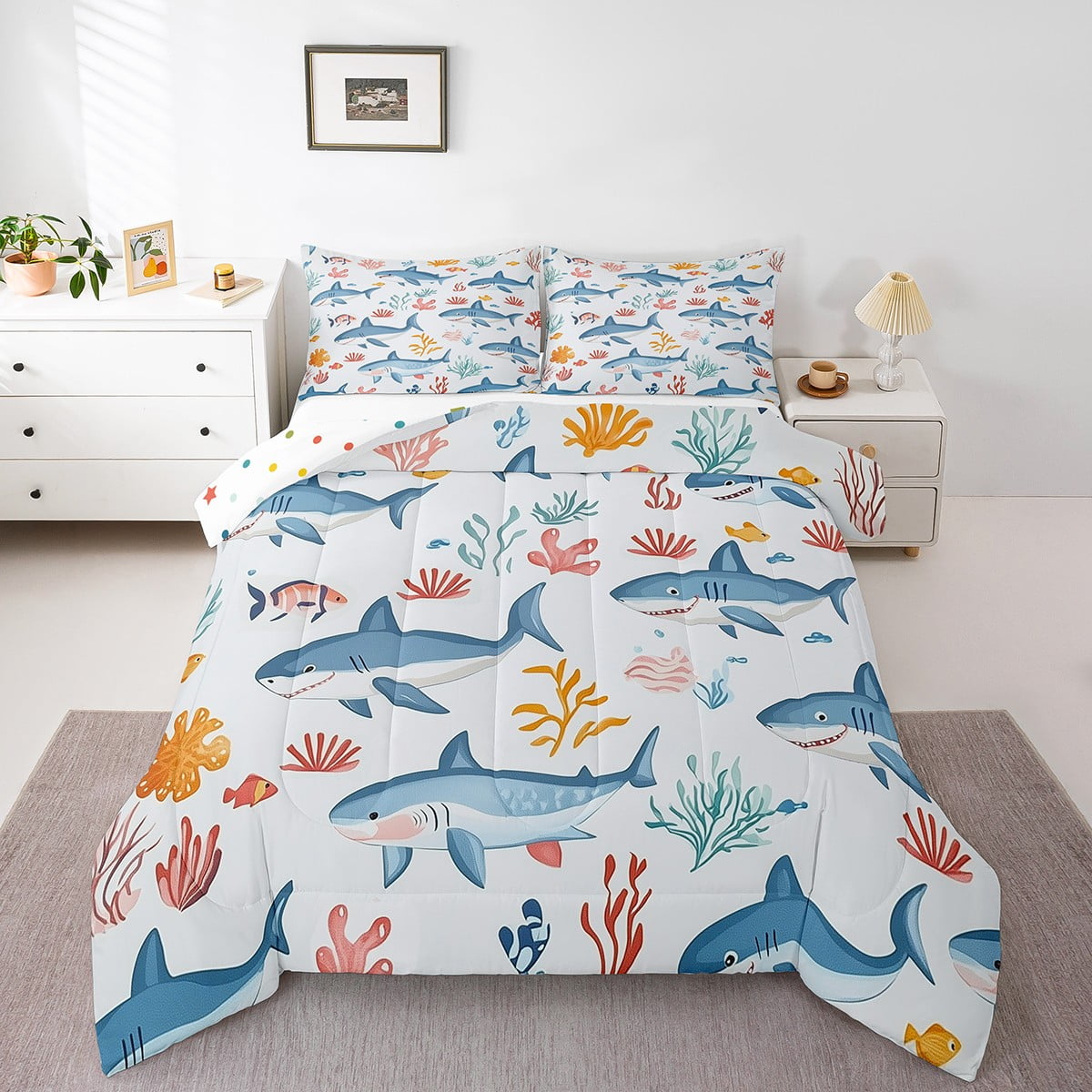 Shark Queen Size Bedding Sets Sea Animal Theme Comforter Set Ocean ...