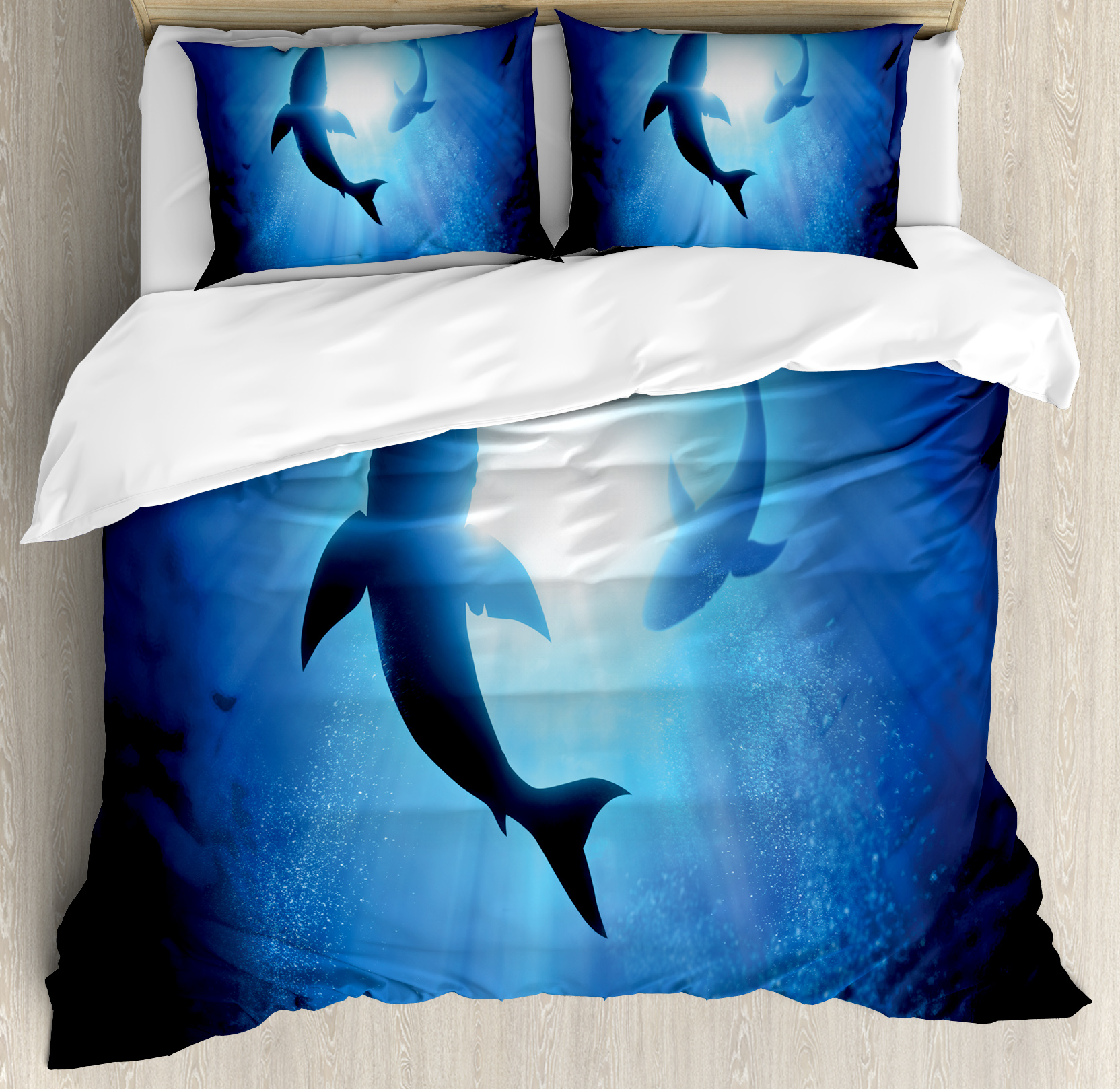 Shark Queen Size Duvet Cover Set, Underwater World with Fish ...