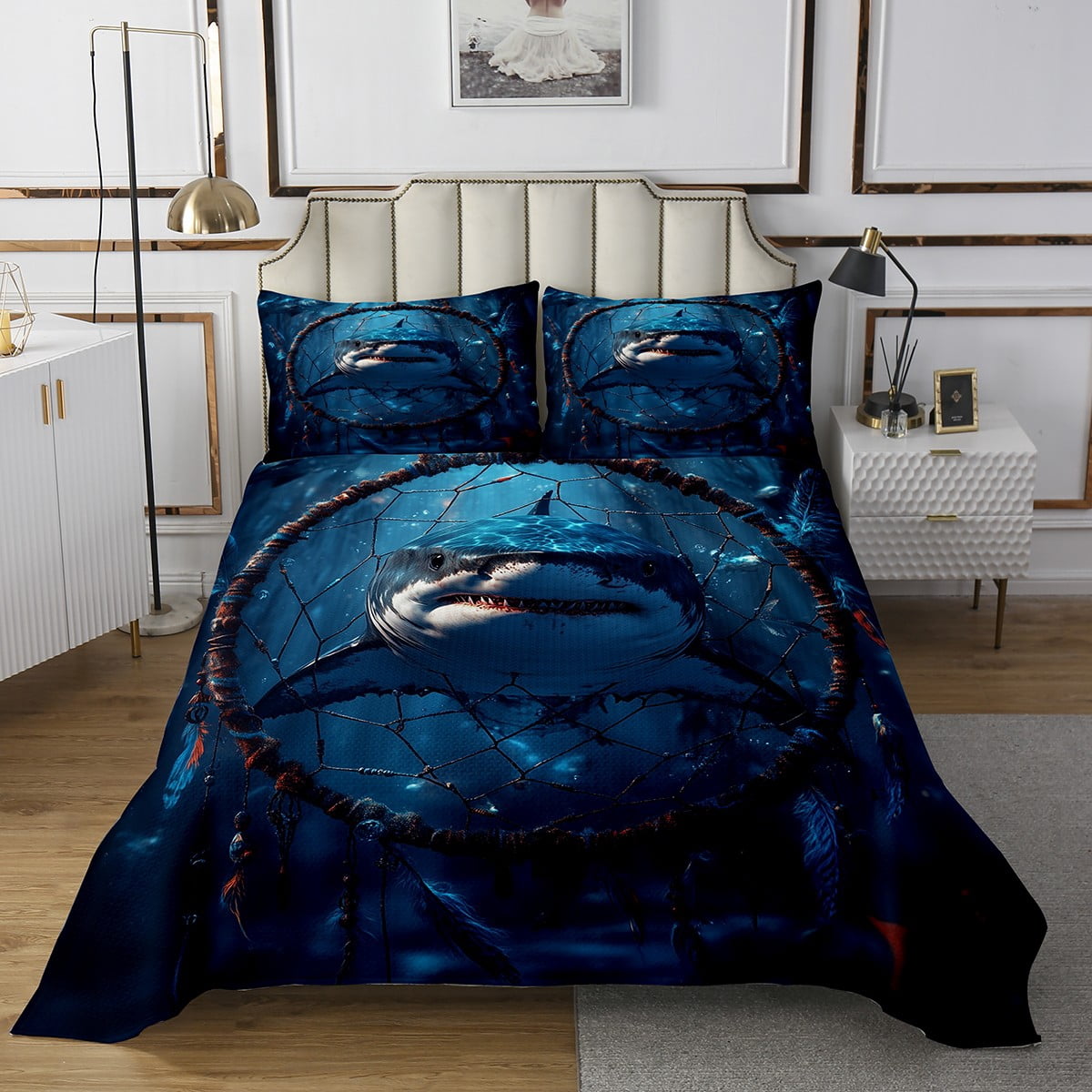 Shark Quilt Set Dream Catchers Bedspread Set Queen,Boho Feather Ocean ...