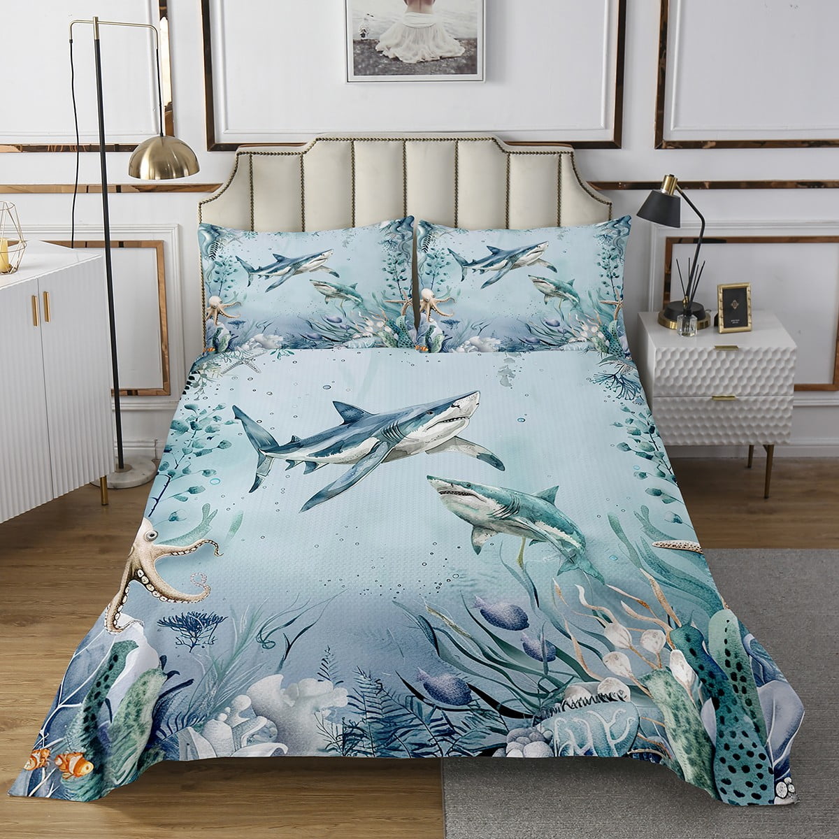 Shark Quilt Set Teal Blue Ocean Beach Coastal King Bedspread Set ...