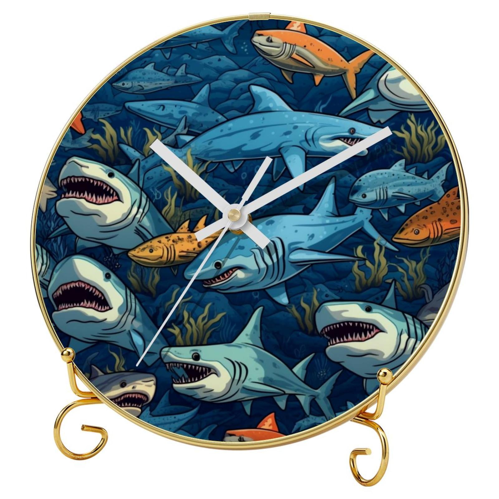 Shark Round Printed Wall Clocks with Hooks and Gold Stand - Silent, Non ...