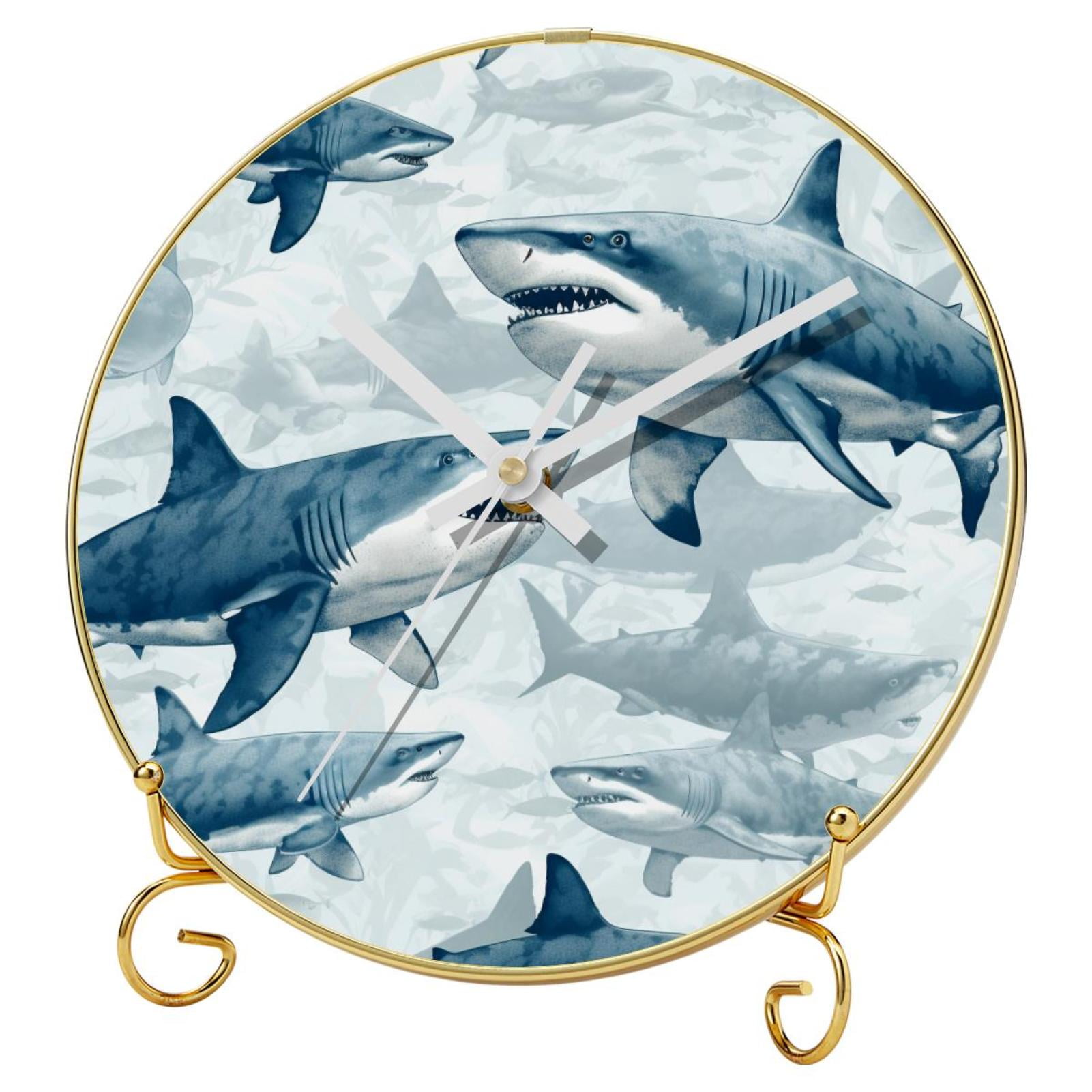 Shark Round Wall Clock with Printed Design, Gold Stand, and Hooks ...
