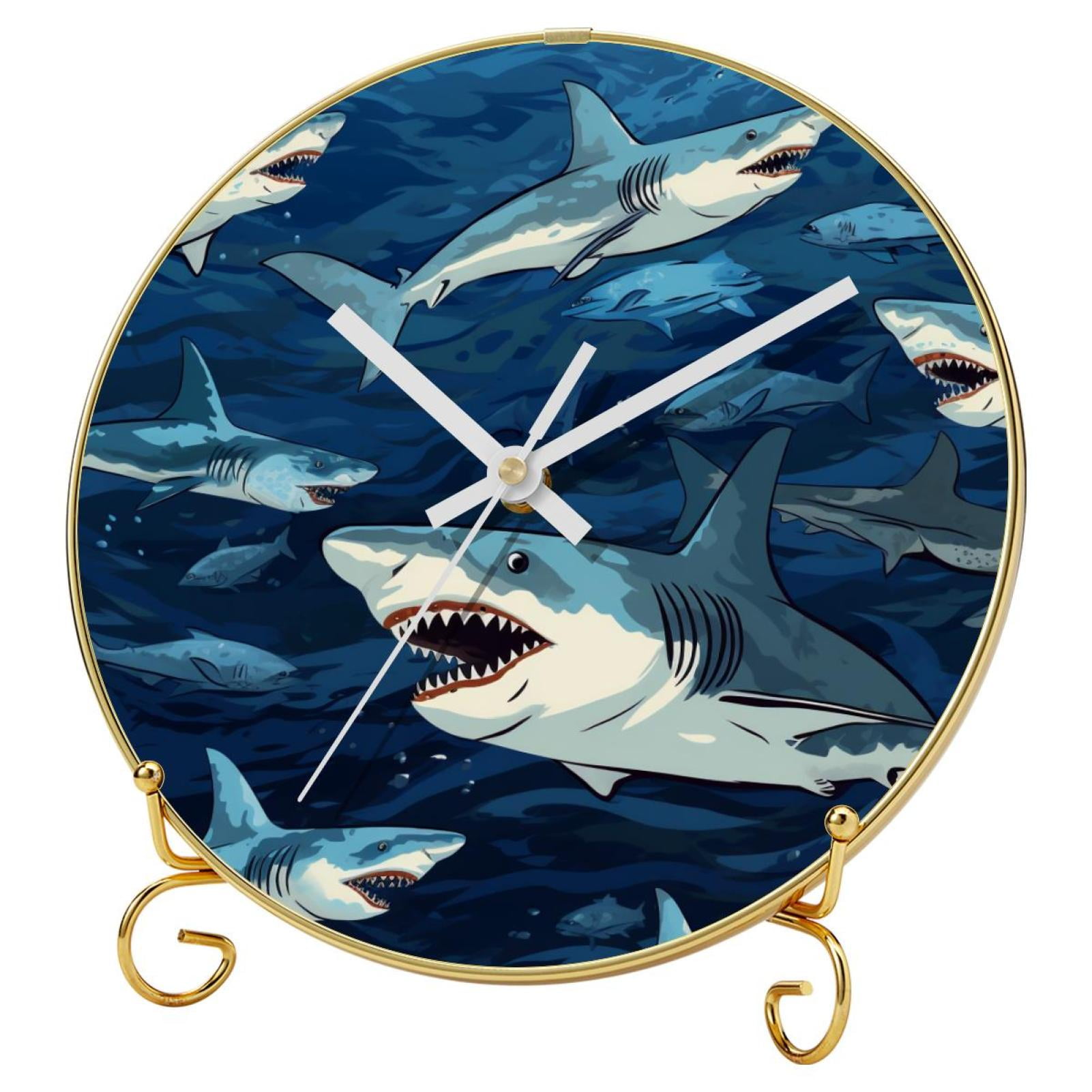 Shark Round Wall Clocks with Hooks and Gold Stand - Silent Non Ticking ...