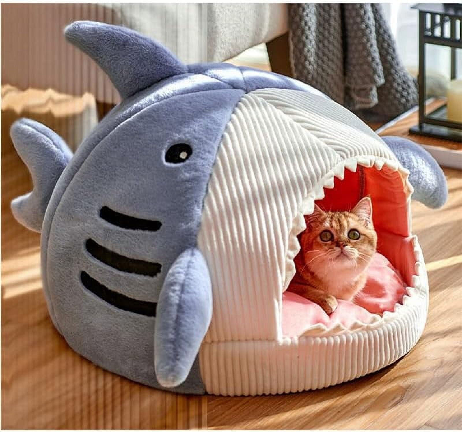 Shark Shape Cat Cave Bed Thick Cushion Kitten Soft Warm House Indoor ...