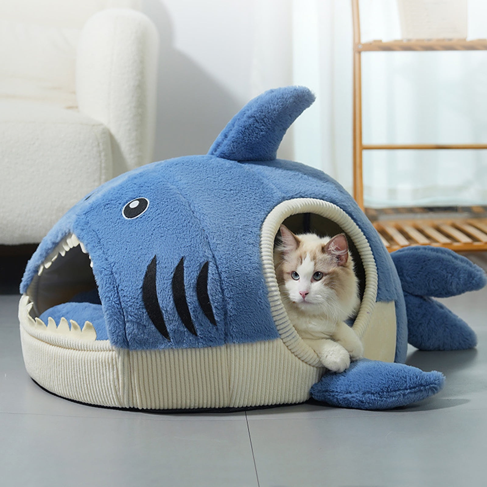 Shark-Shaped Pet Bed, Cute Kennel for Dogs and Cats, 50x40x26cm, Blue ...