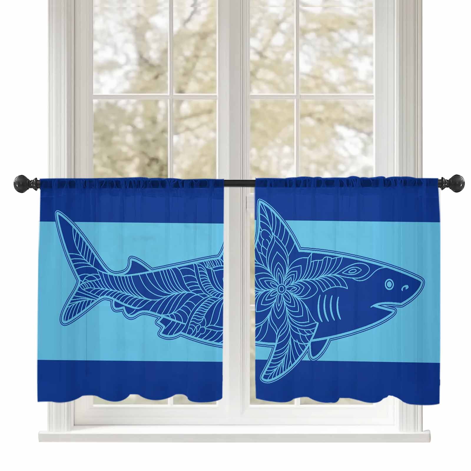 Shark Sheer Curtains 45 inches Long, Summer Beach Abstract Blue Light ...