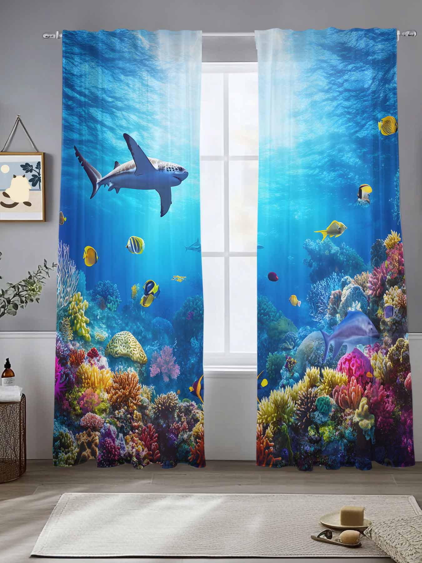Shark Sheer Curtains for Living Room Bedroom Blue Ocean Underwater ...