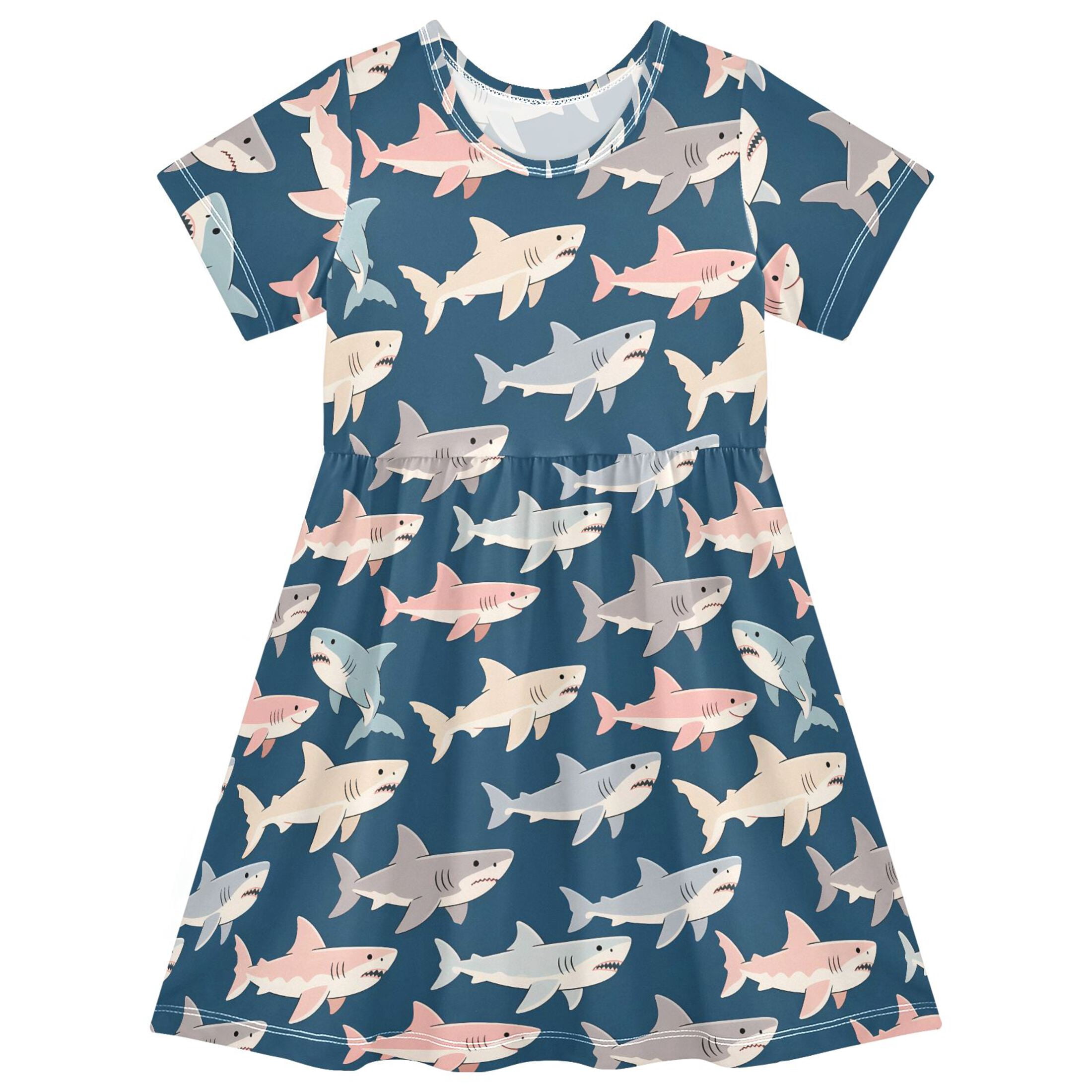Shark Short Sleeve Dress A-Line Cute Midi Casual Sundress 2-8 Years ...