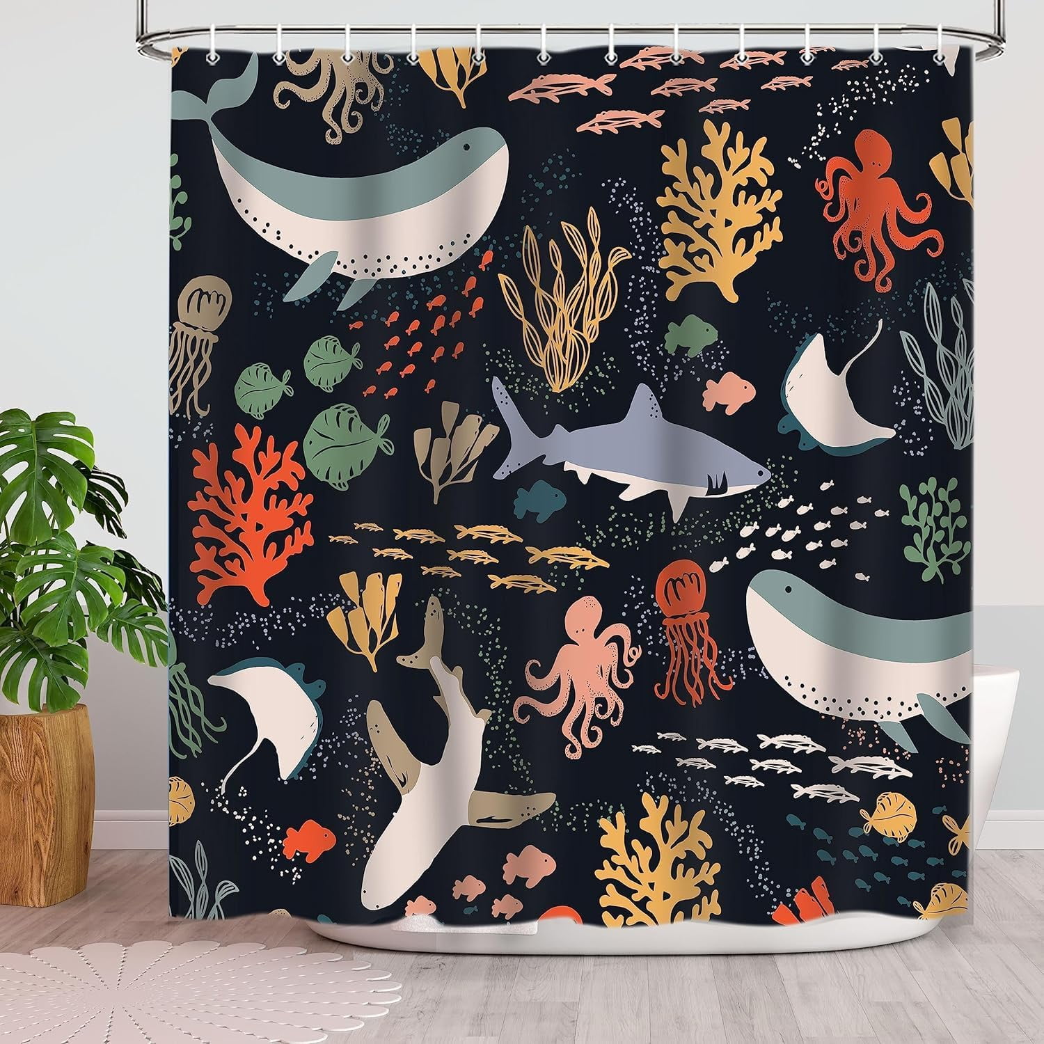 Shark Shower Curtain, Black Boho Ocean Fish Shower Curtain Abstract ...